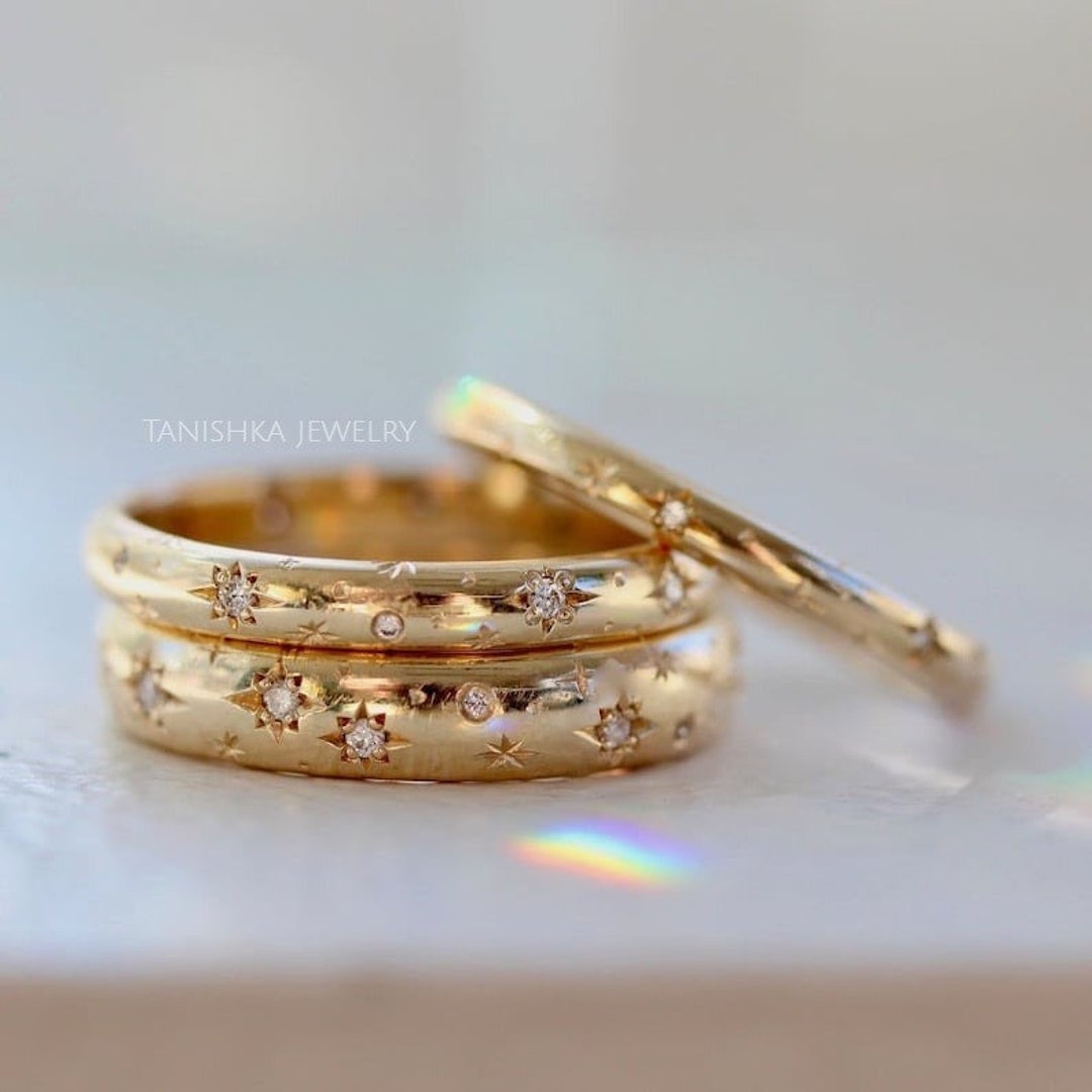 Vintage North Star Wedding Band, Unique Celestial Statement Ring, 14k ...