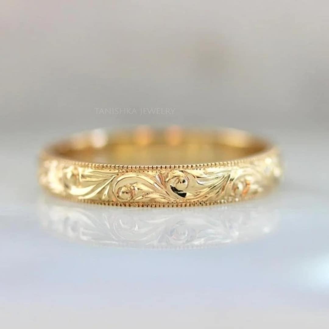 14k Solid Gold Floral Engraved Band, Leaf Eternity Wedding Band, Art ...