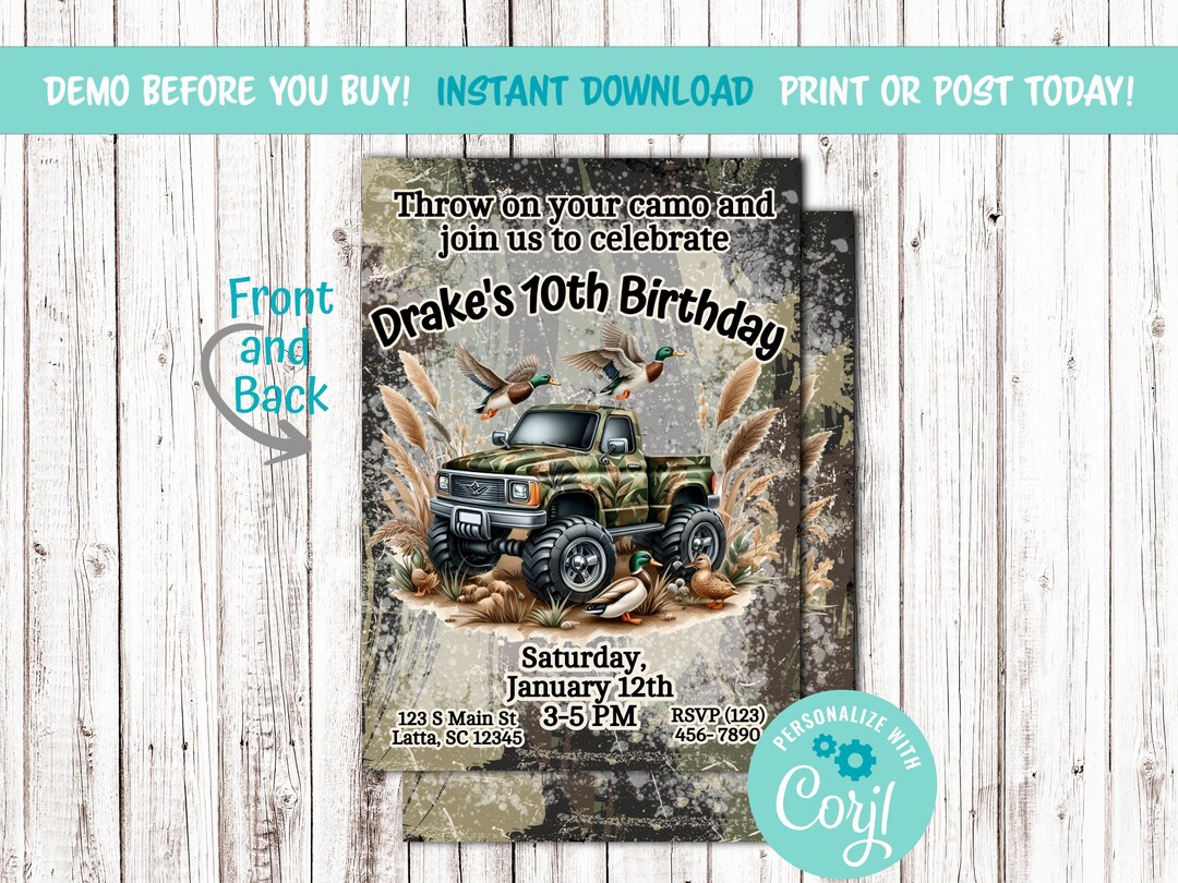 Duck Hunting Birthday Invitation: Camo Truck, Outdoorsmen Party ...