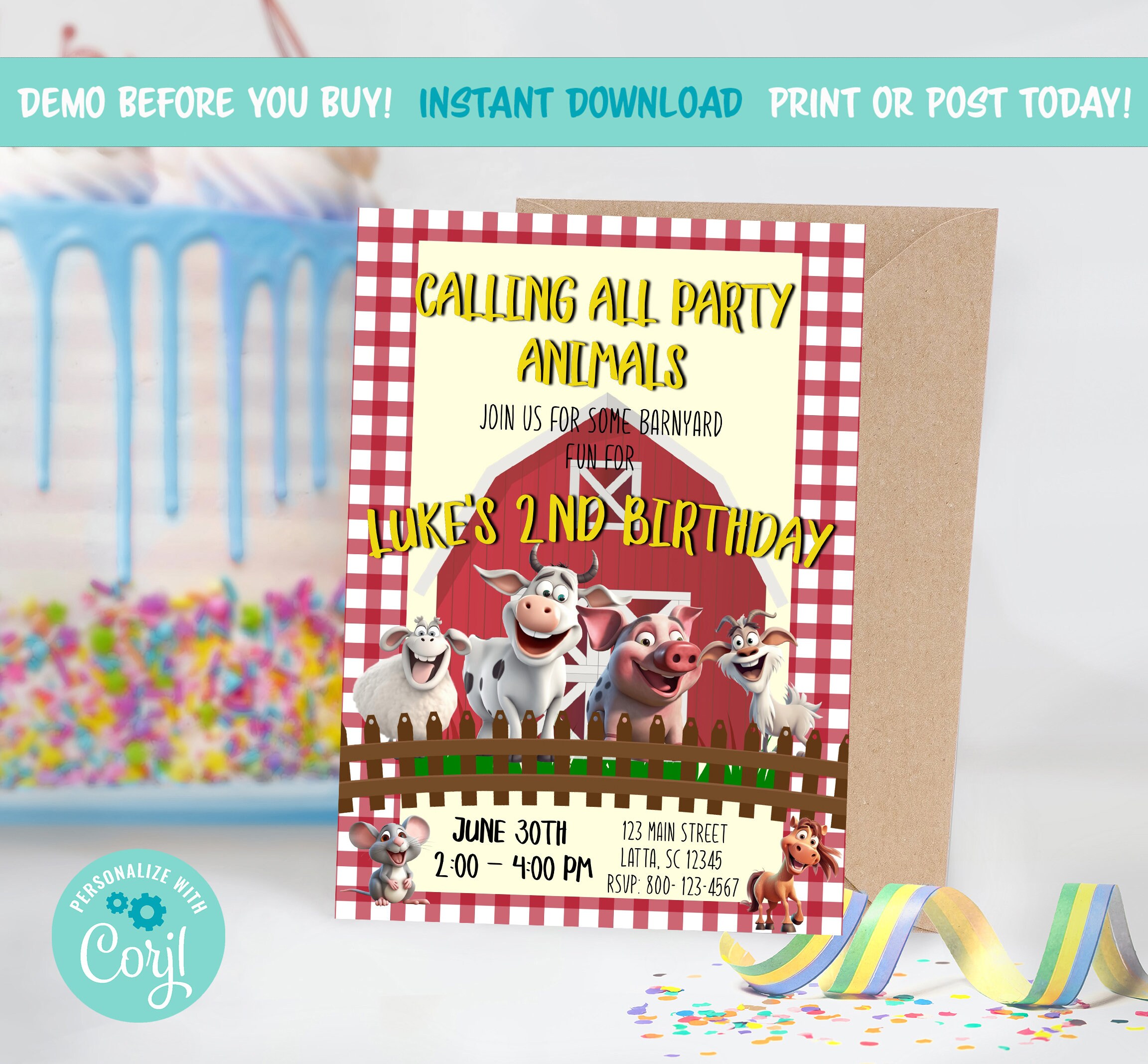 Barnyard Birthday Editable Instant Digital Invitation / Printable 5 X 7 ...