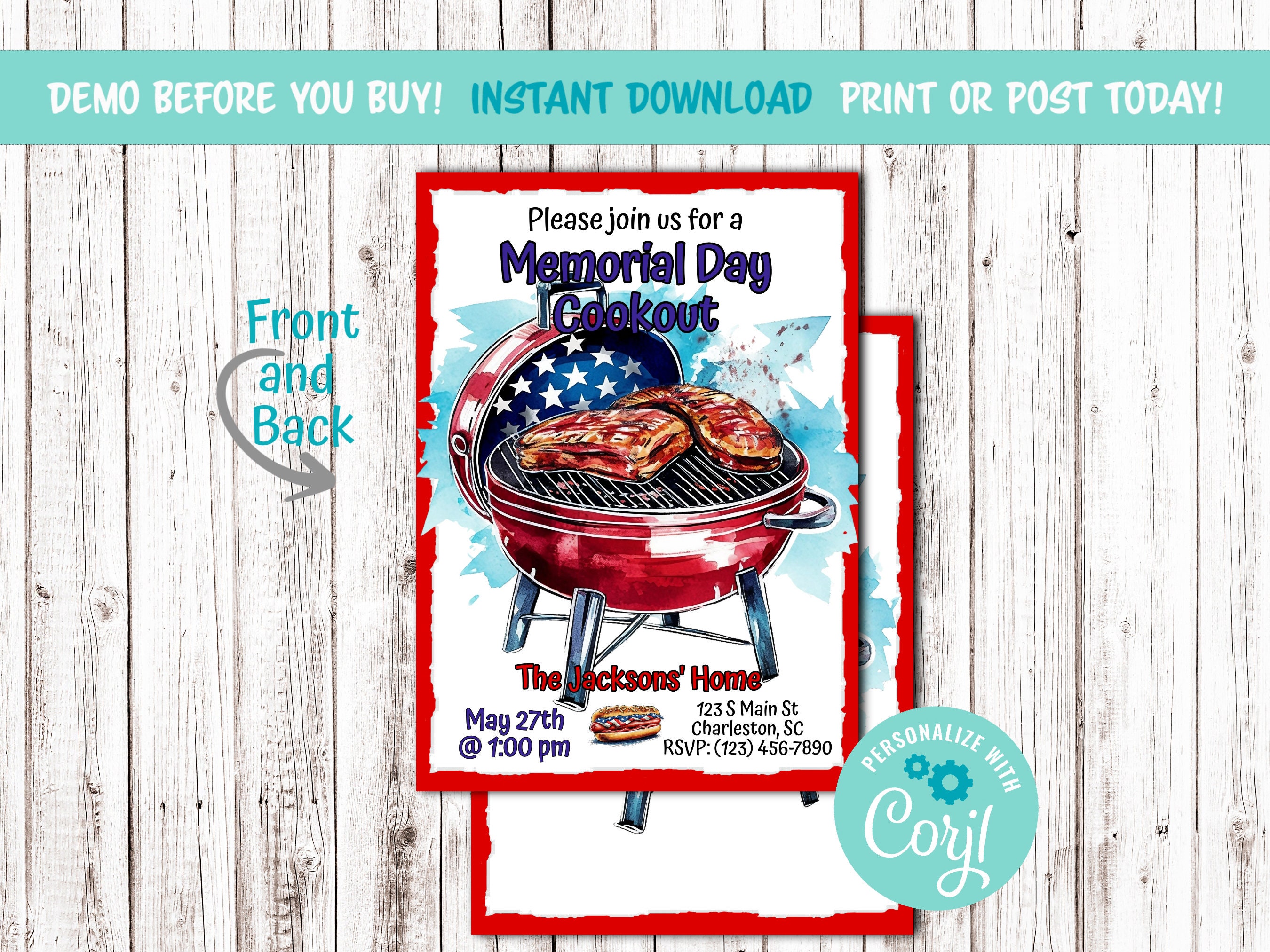 Memorial Day Cookout BBQ Summer Editable Printable Digital Invitation ...