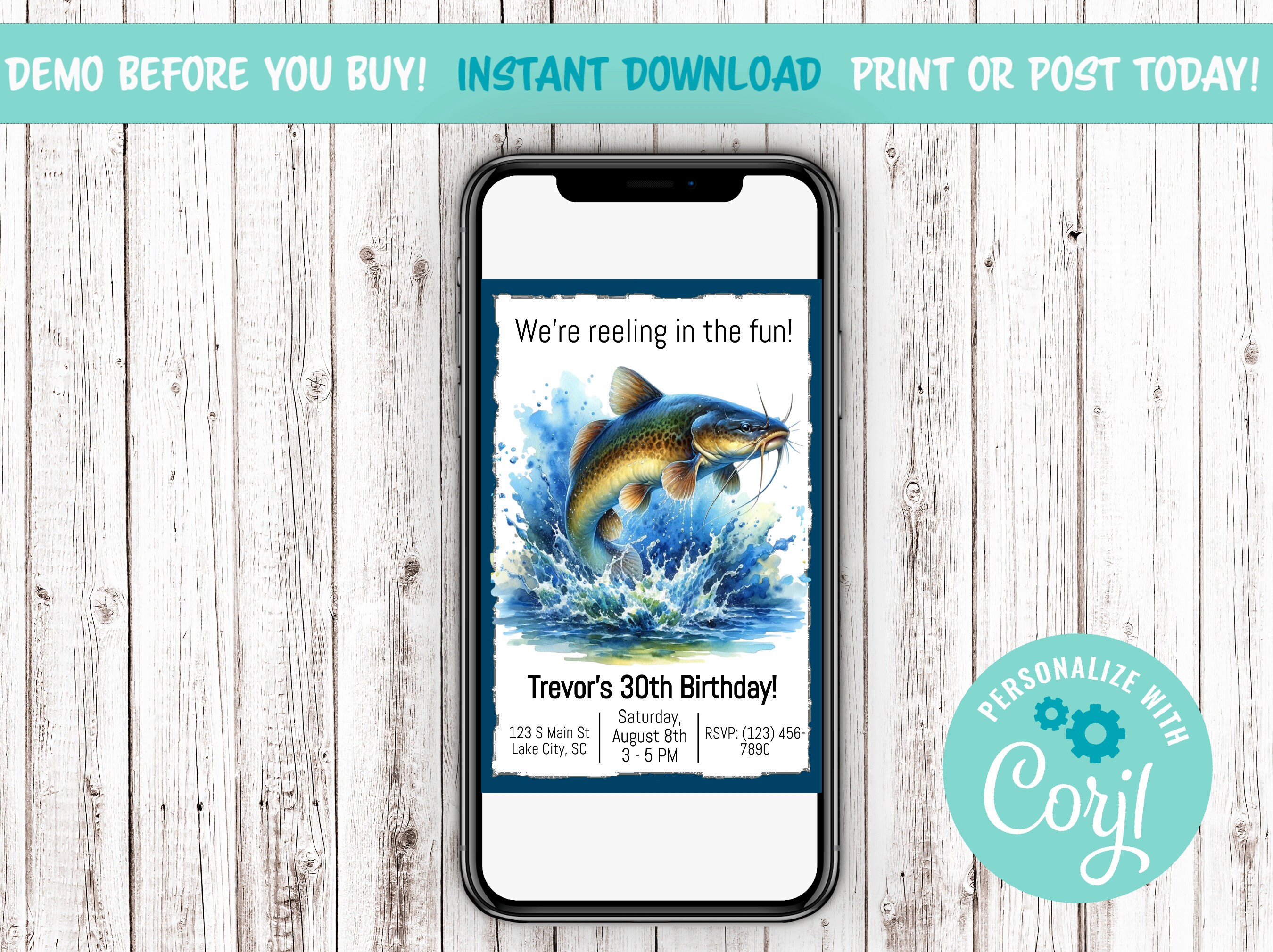 Catfish Birthday Invitation: Fishing Party, Editable (digital Download ...