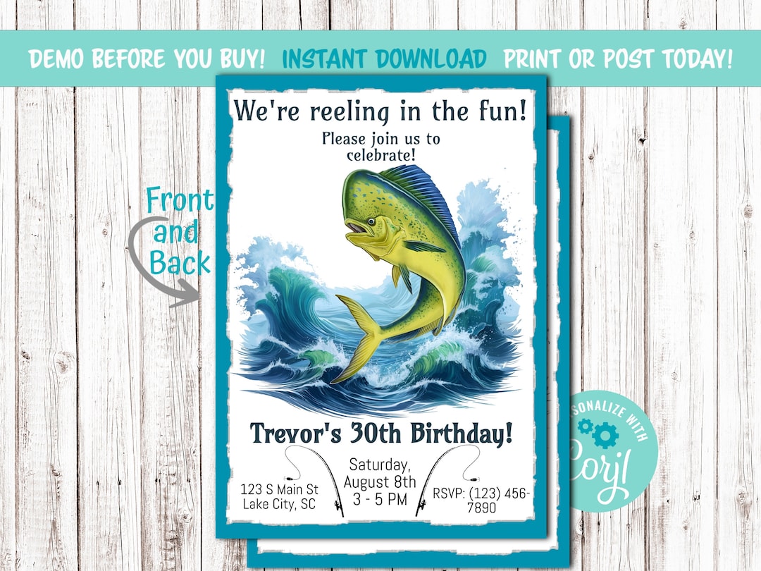 Saltwater Fishing Dorado Birthday Invitation, Deep Sea Fishing Party ...