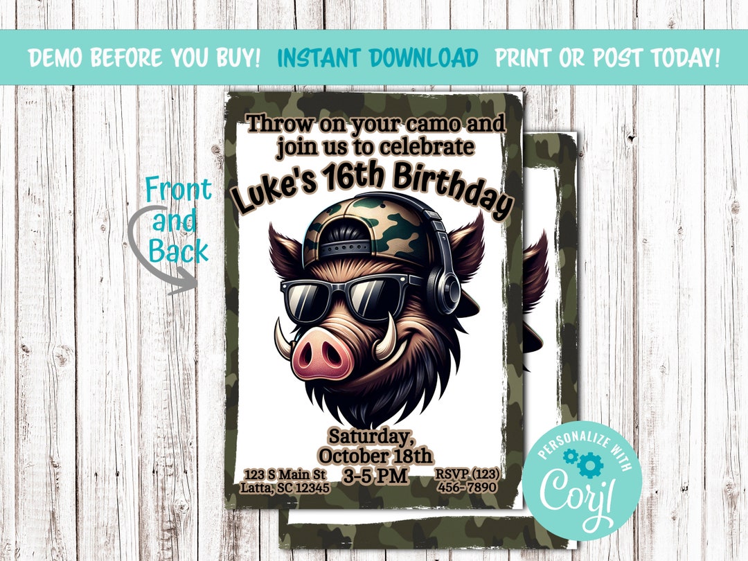 Hog Hunter Birthday Invitation: Camo Outdoorsmen Party (5x7 In, Digital ...