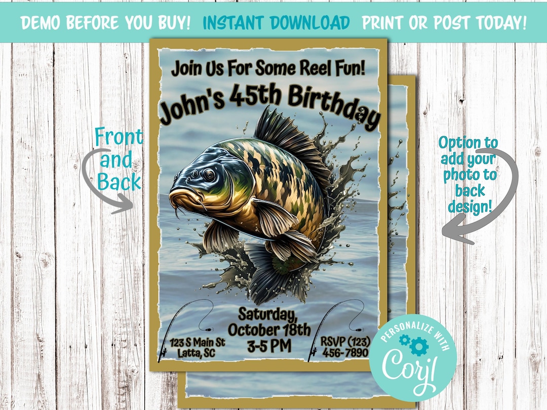 Carp Fishing Birthday Party Invitation, 5x7 Printable, Post on Social ...