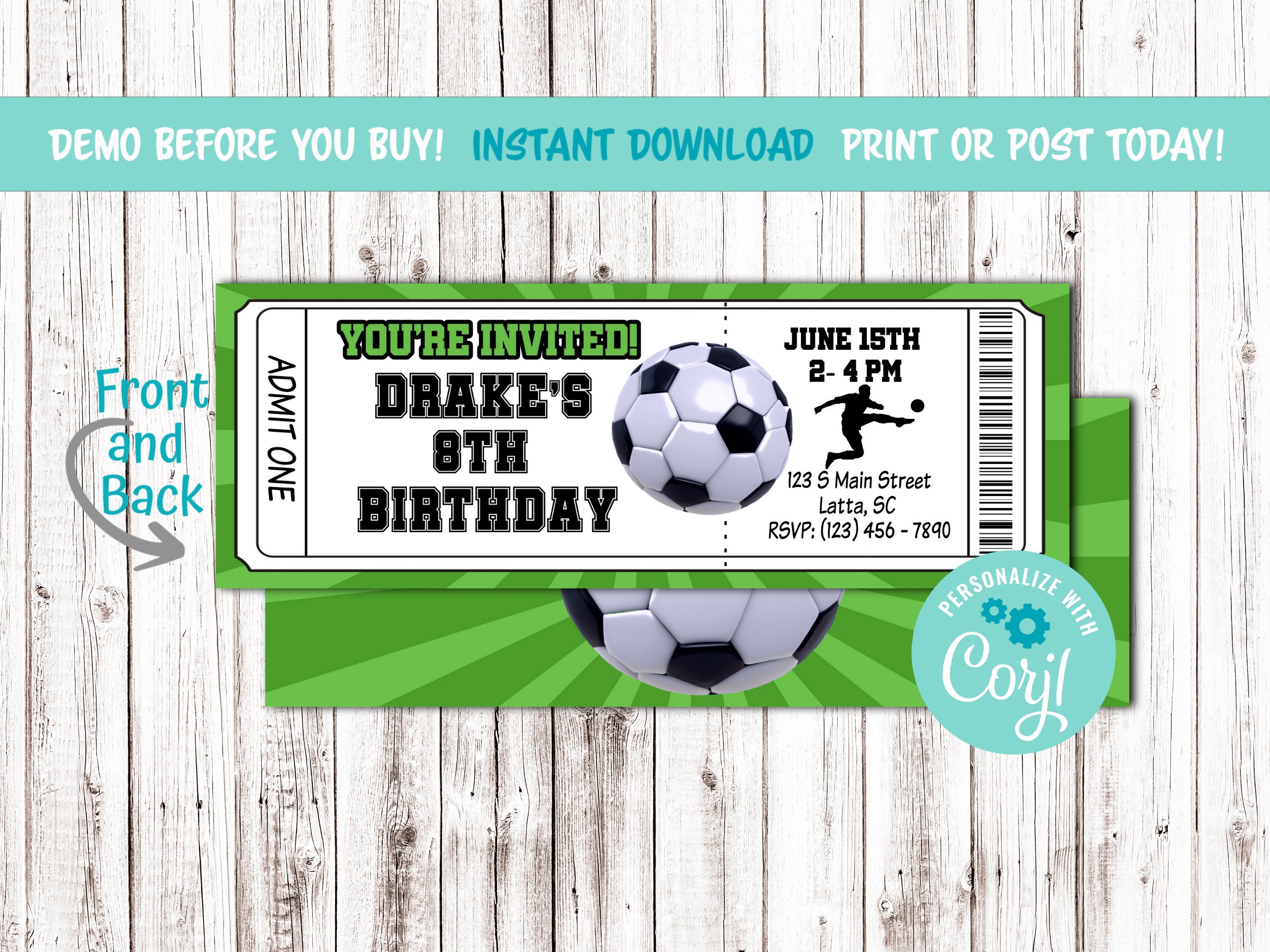 Soccer Ticket Birthday Invitation, Editable Digital Invite, Ticket Size ...