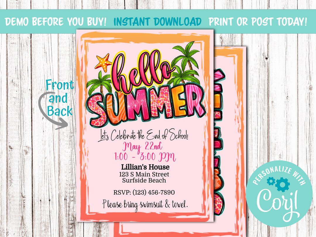Editable Hello Summer, End of School Party Invitation Digital 5 X 7 ...
