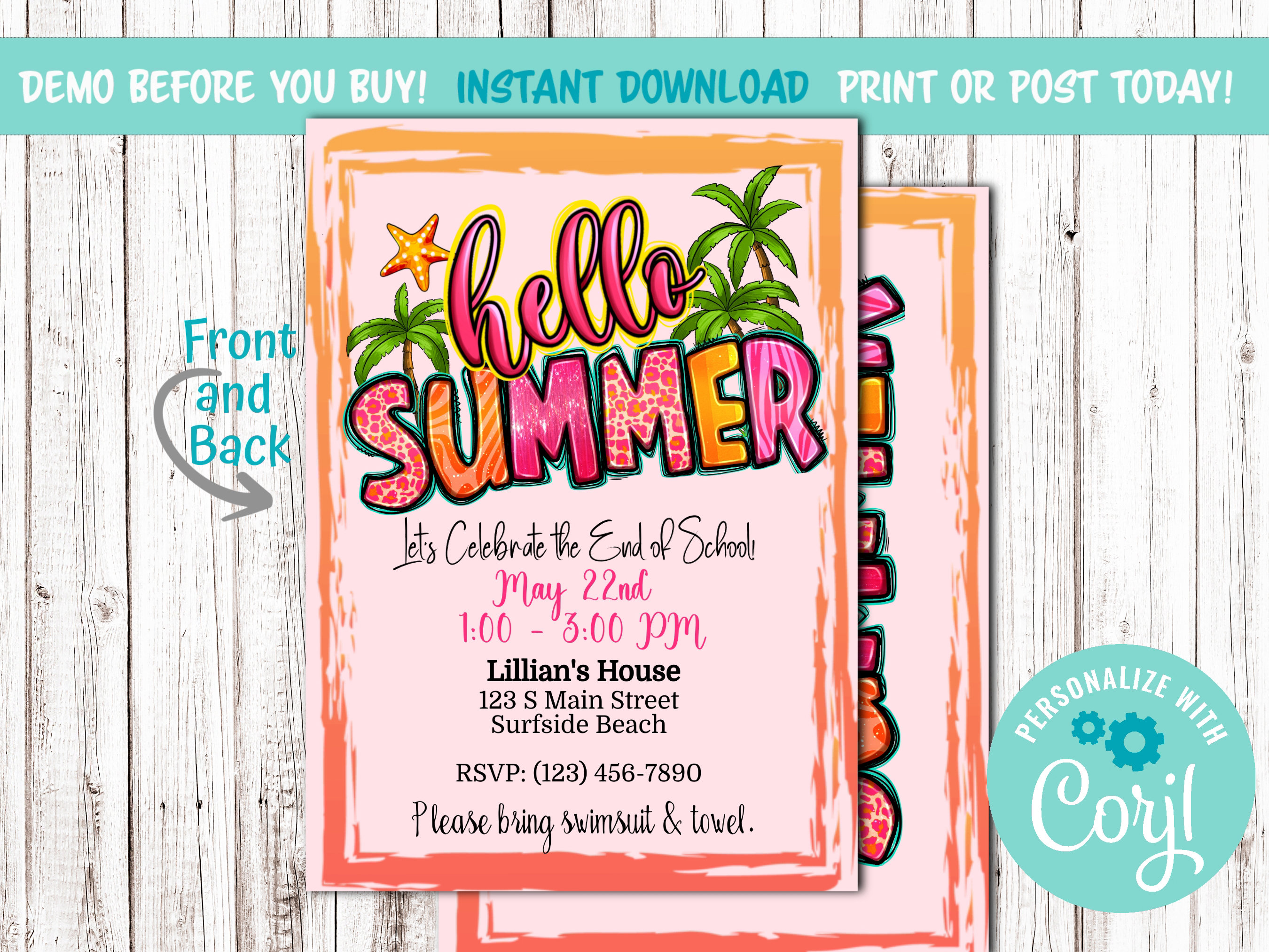 Editable Hello Summer, End of School Party Invitation Digital 5 X 7 ...