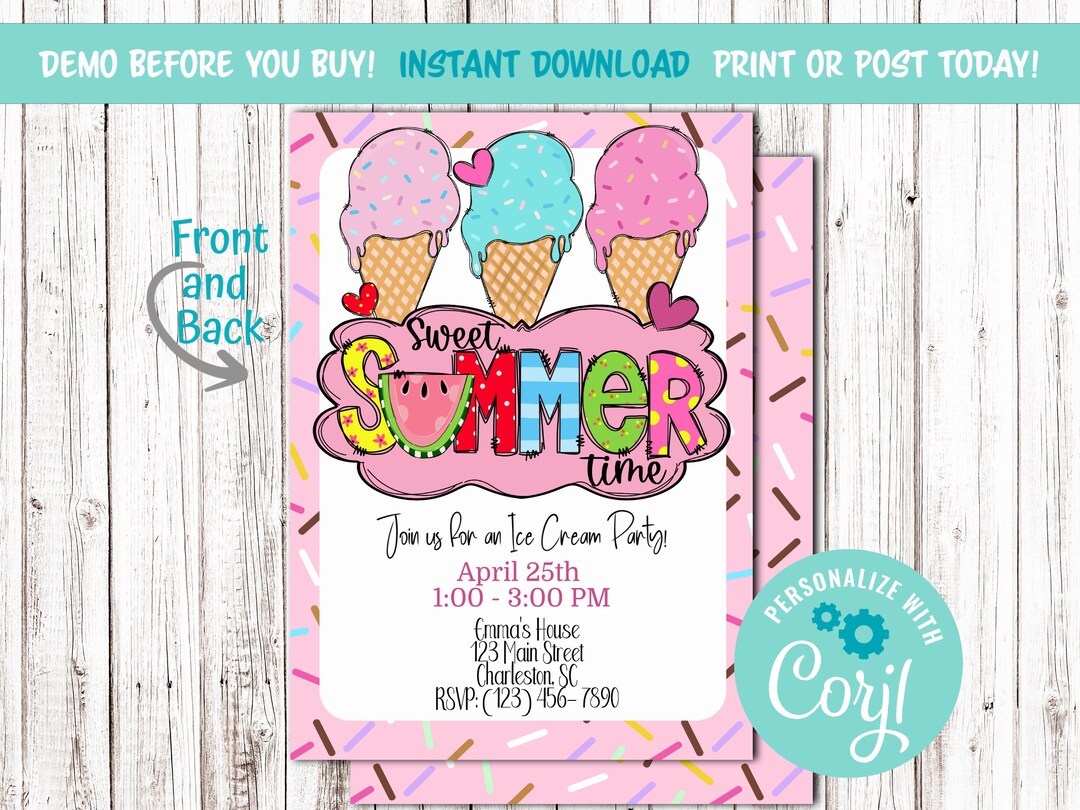 Sweet Summertime Editable Printable Ice Cream Party Social Digital ...