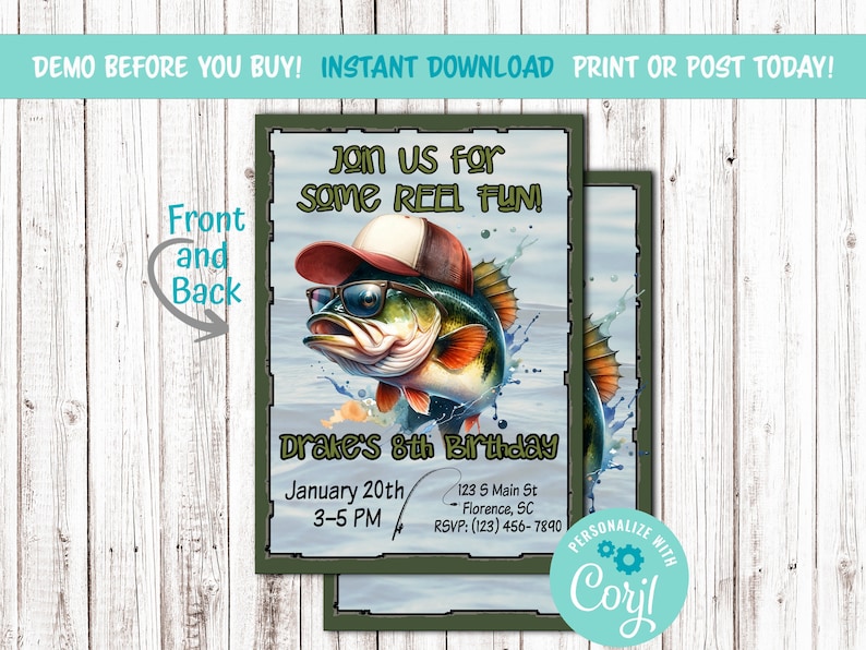 Bass Fishing Birthday Invitation: Reel Fun Party, Boy Printable ...