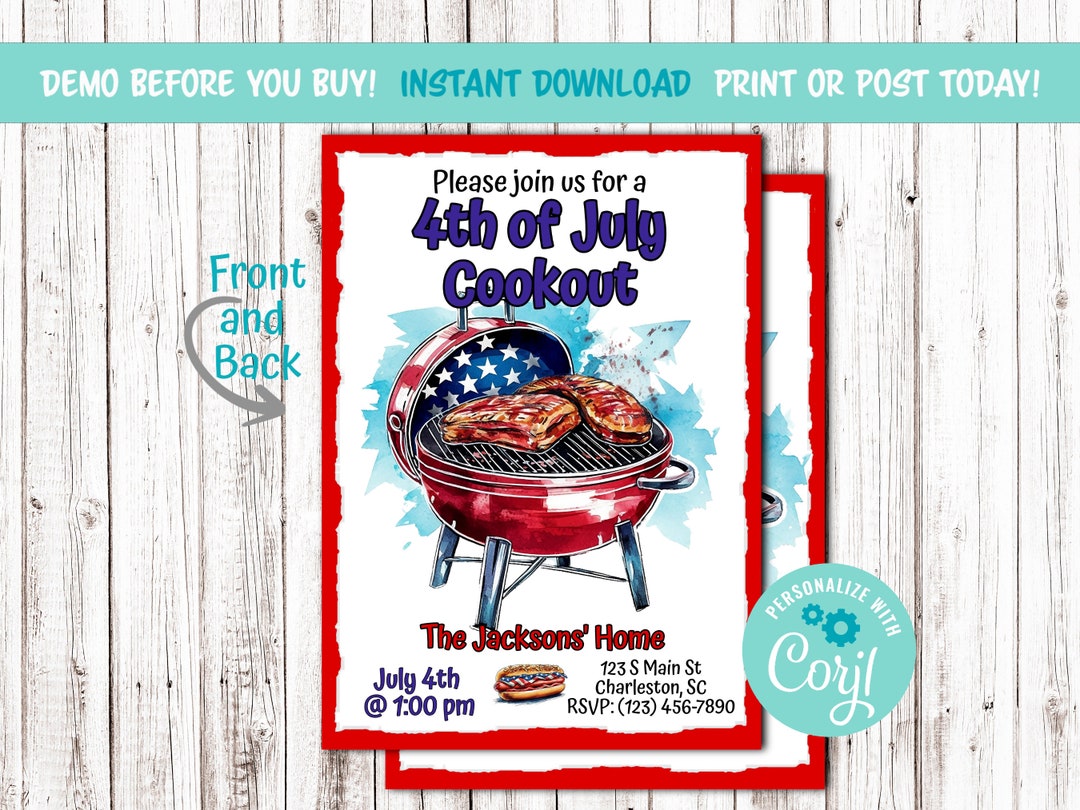 4th of July Cookout Invitation: Editable Patriotic Party Invite ...