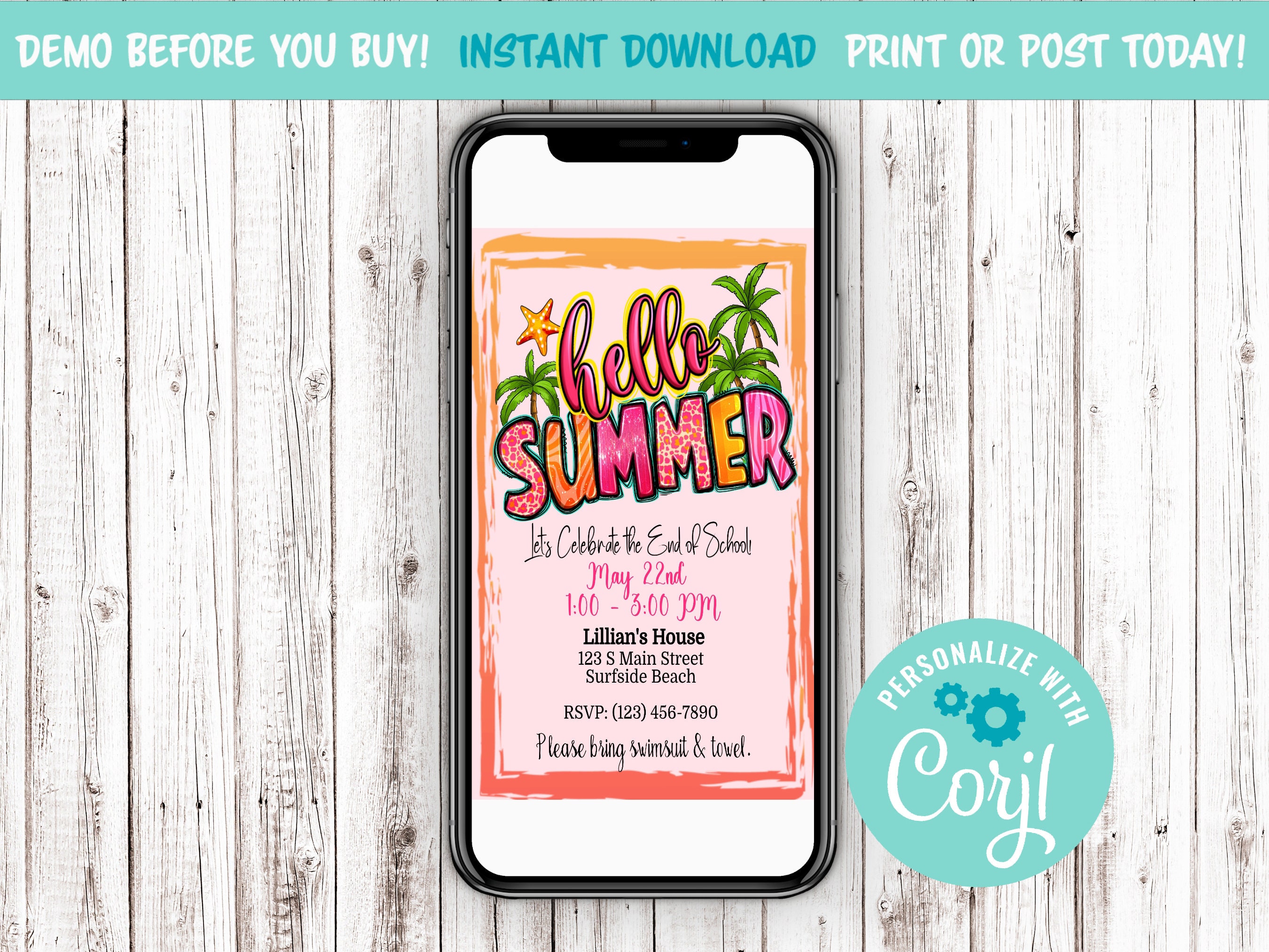 Editable Hello Summer, End of School Party Invitation Digital 5 X 7 ...