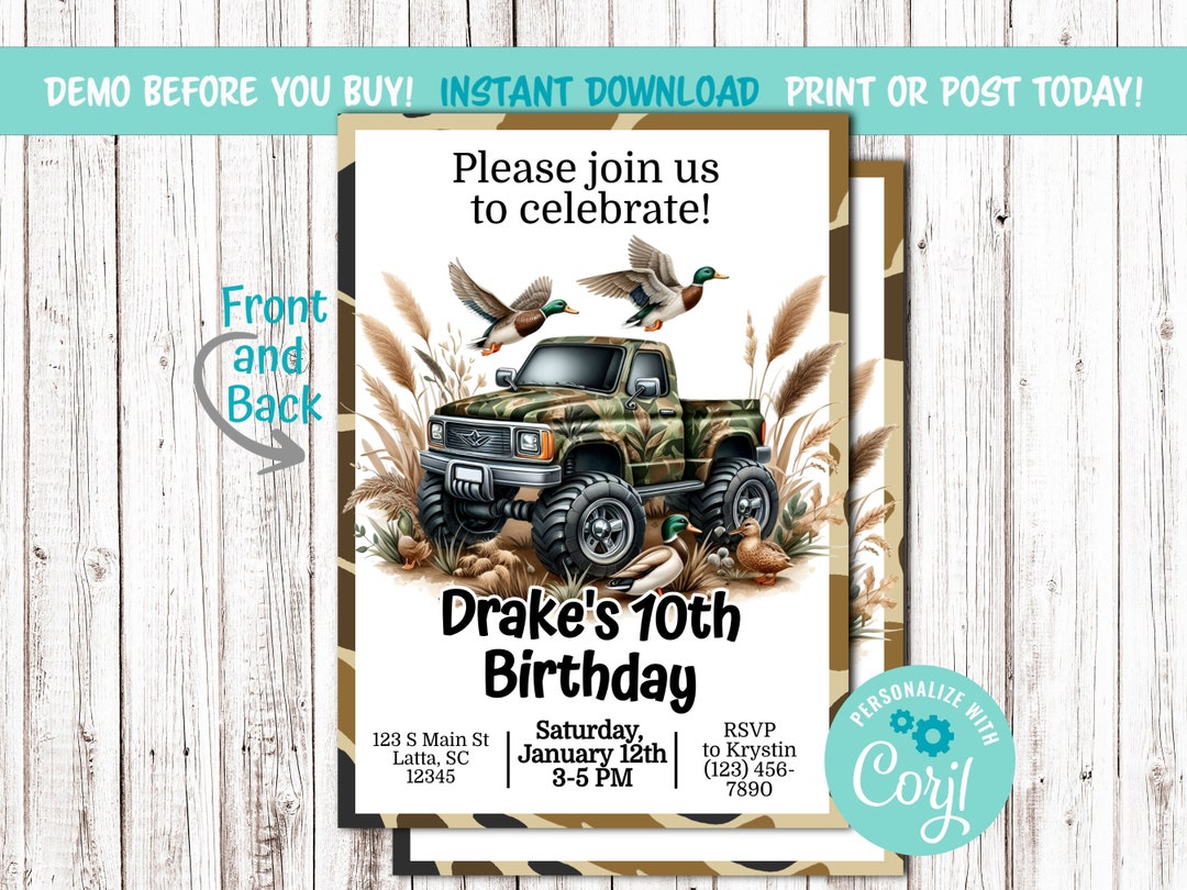 Duck Hunting Birthday Invitation: Camo Truck, Outdoorsmen Party ...