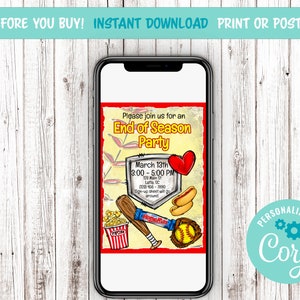 Softball End of Season Party Invitation. Editable Template. Team Party ...