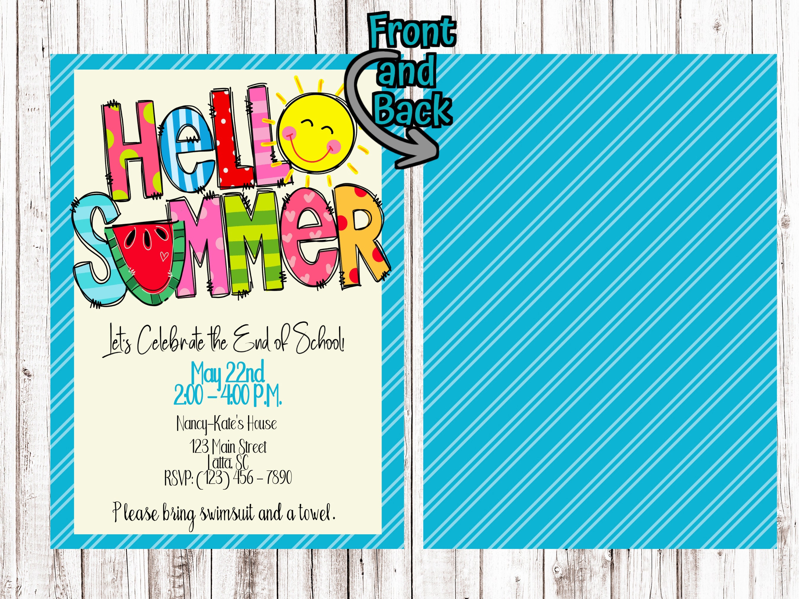 Hello Summer Editable Digital Invitation. End of Year Party. 5 X 7 Inch ...