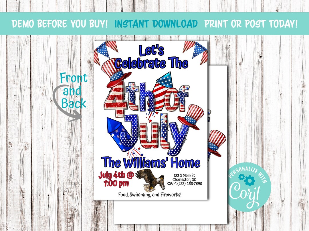 Editable 4th of July Cookout Invitation: Patriotic Pool Party (digital ...