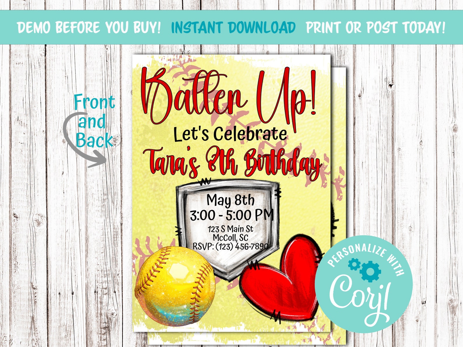 Softball Birthday Party Invitation. All Text is Editable. Print, Post ...