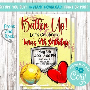 Softball Birthday Party Invitation. All Text is Editable. Print, Post ...