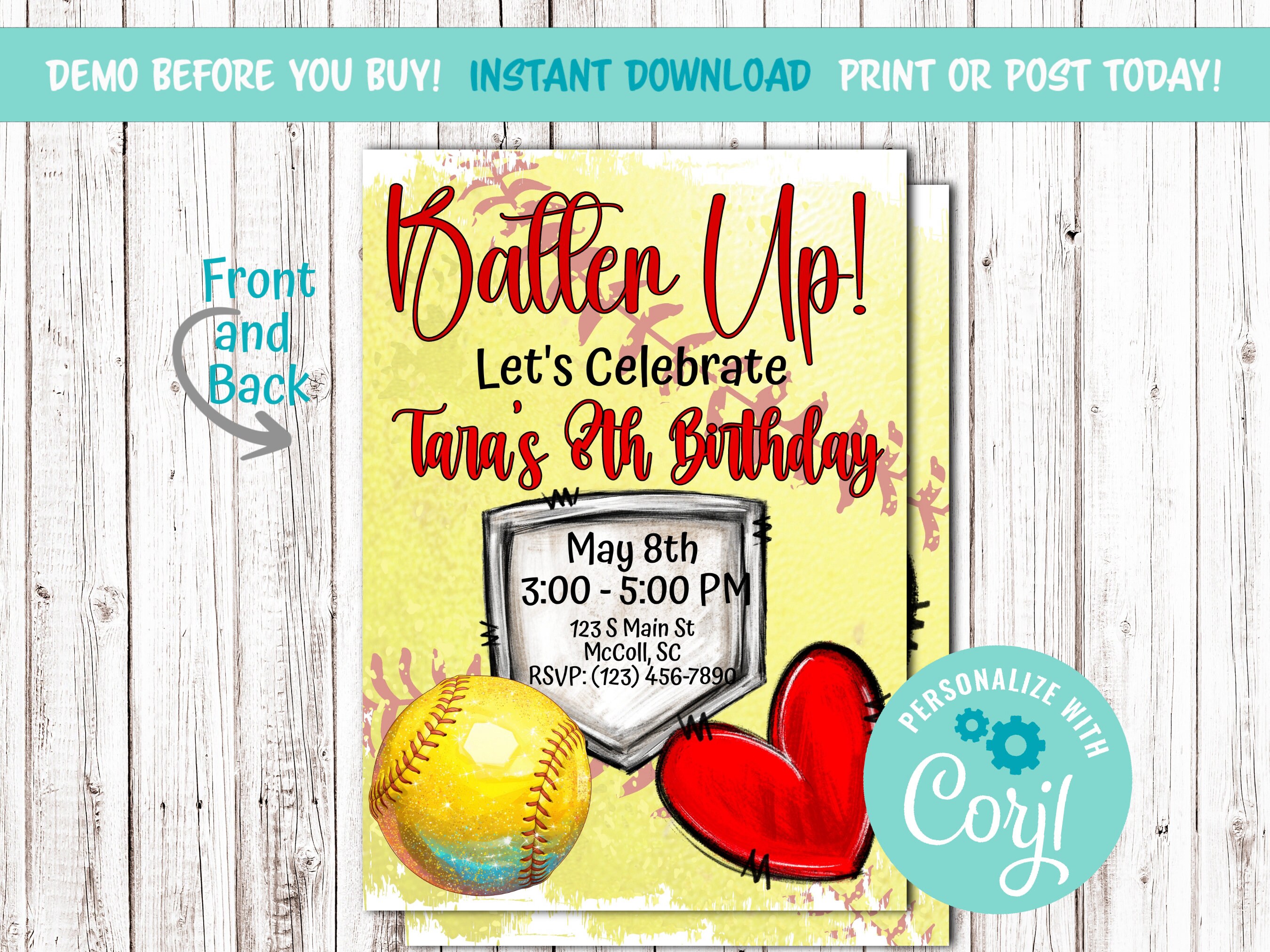 Softball Birthday Party Invitation. All Text is Editable. Print, Post ...