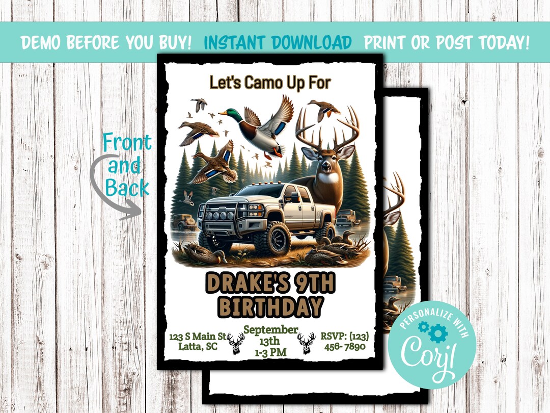 Ducks, Bucks, and Trucks Birthday Party Invitation, Editable ...