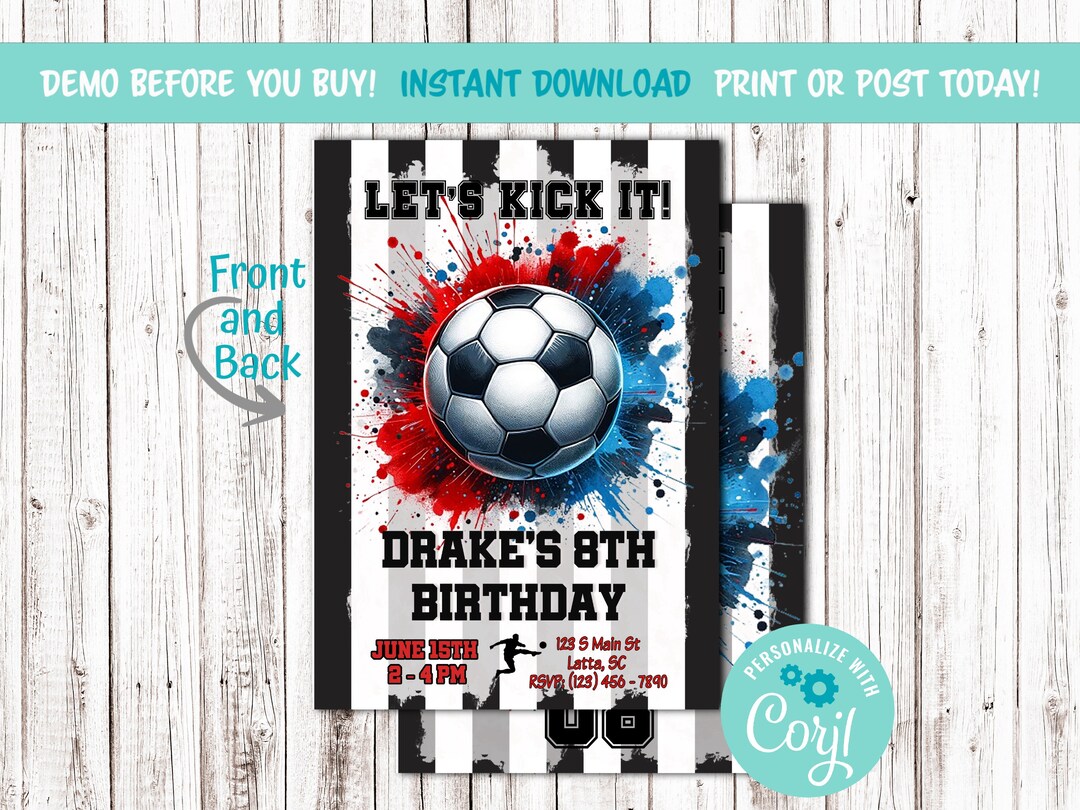 Birthday Invitation Soccer Party Editable Printable Invite Soccer ...