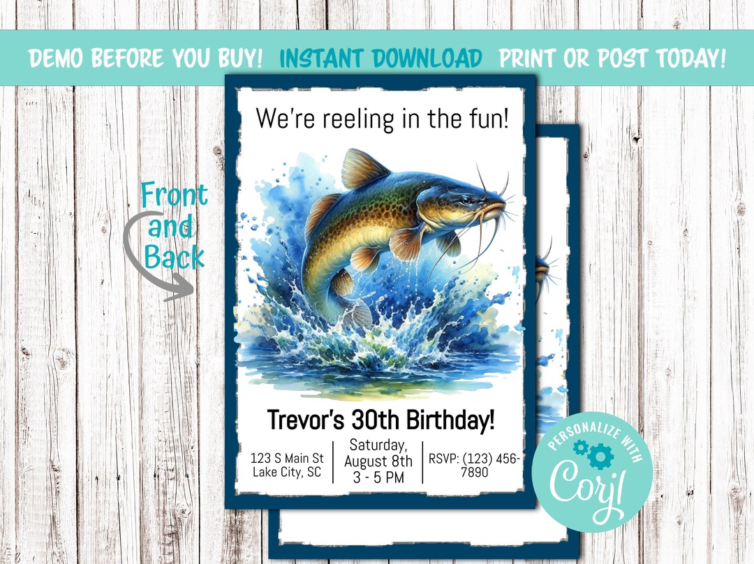 Catfish Birthday Invitation: Fishing Party, Editable (digital Download ...