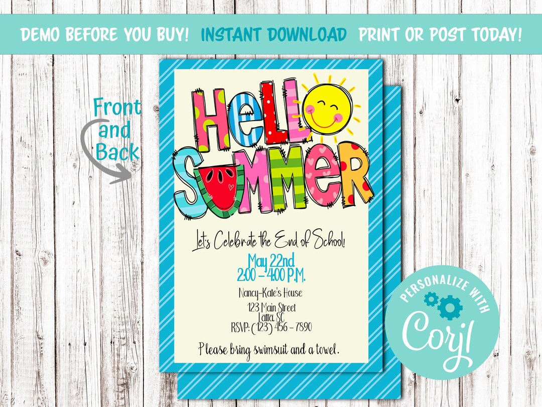 Hello Summer Editable Digital Invitation. End of Year Party. 5 X 7 Inch ...
