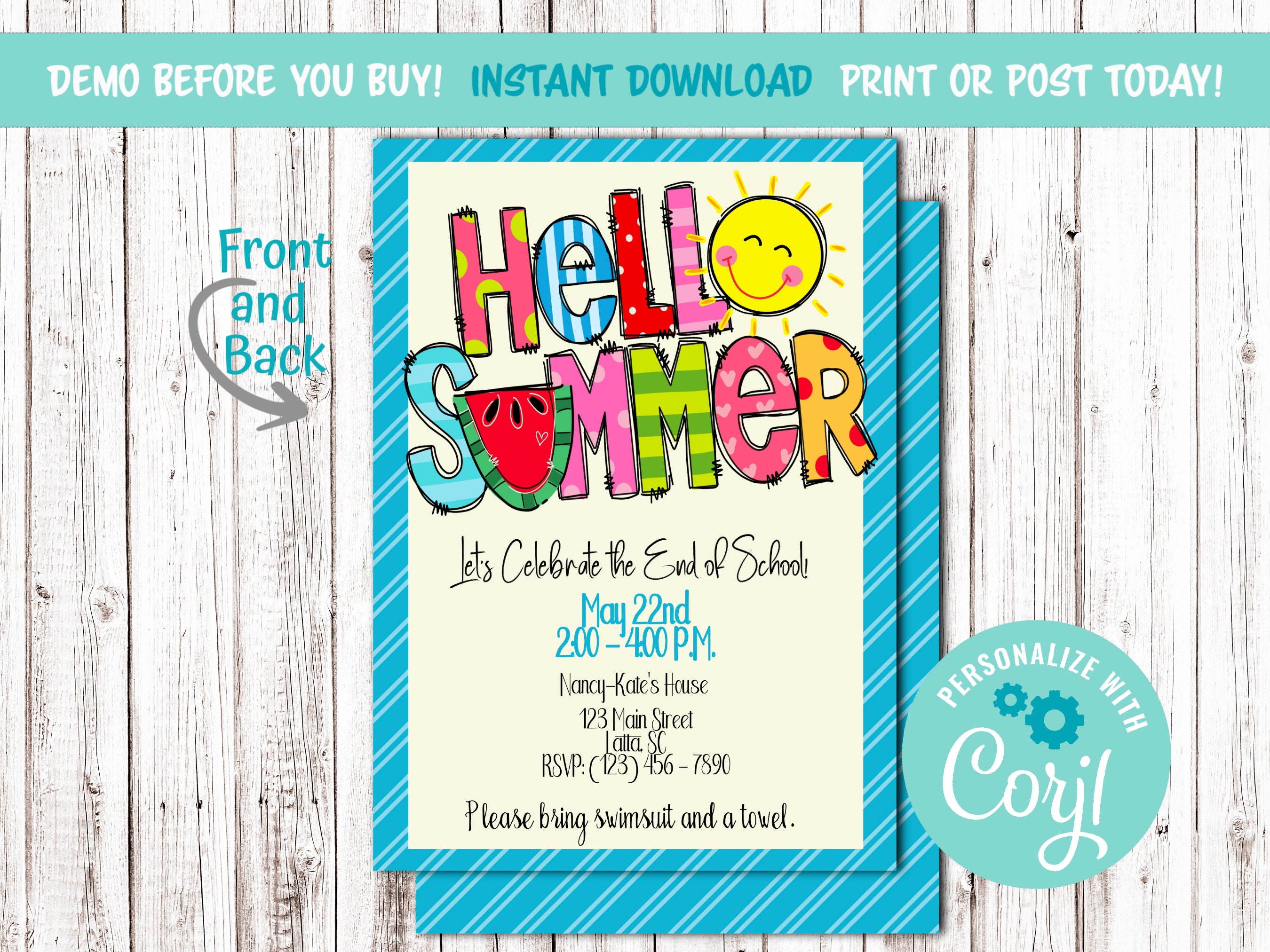 Hello Summer Editable Digital Invitation. End of Year Party. 5 X 7 Inch ...