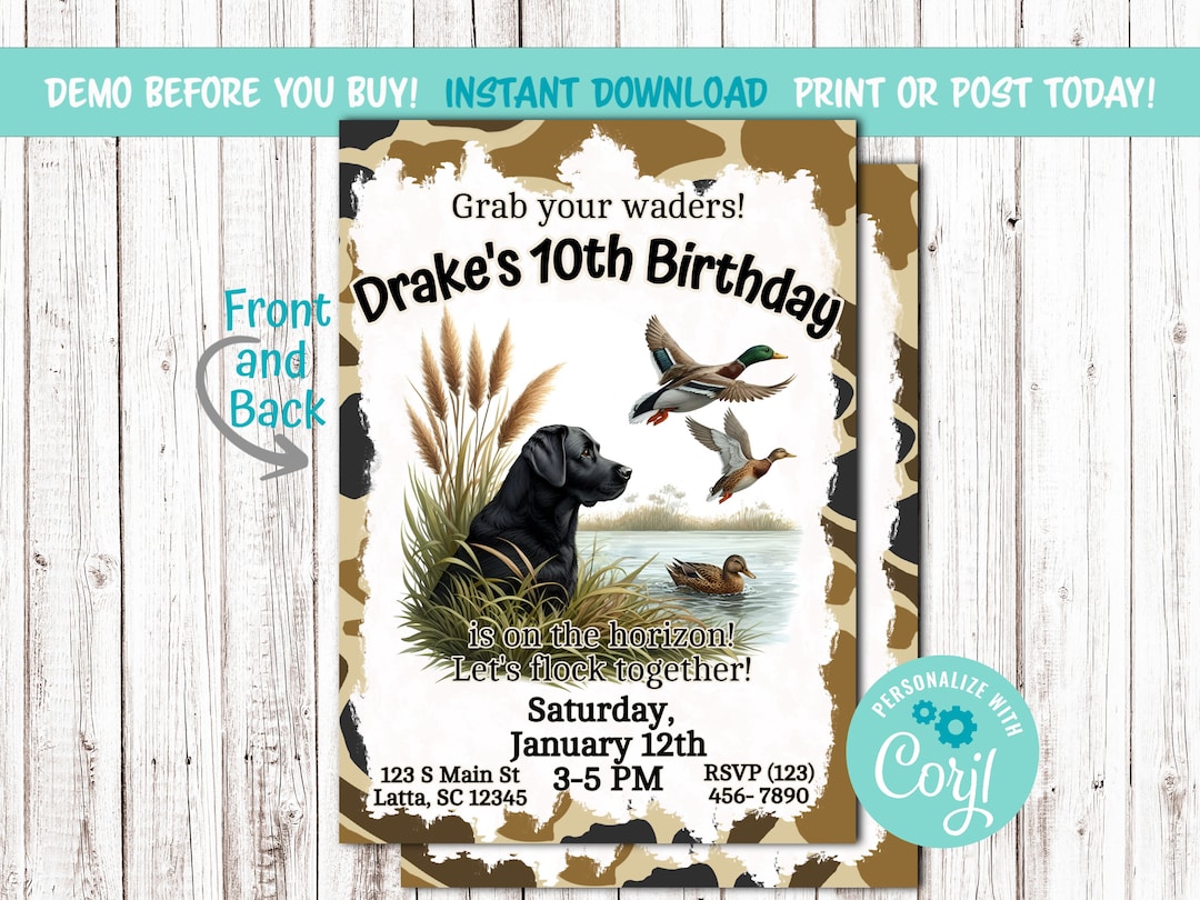 Duck Hunter Birthday Party Invitation, Editable ,5x7 Inches ...