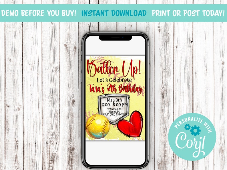 Softball Birthday Party Invitation. All Text is Editable. Print, Post ...