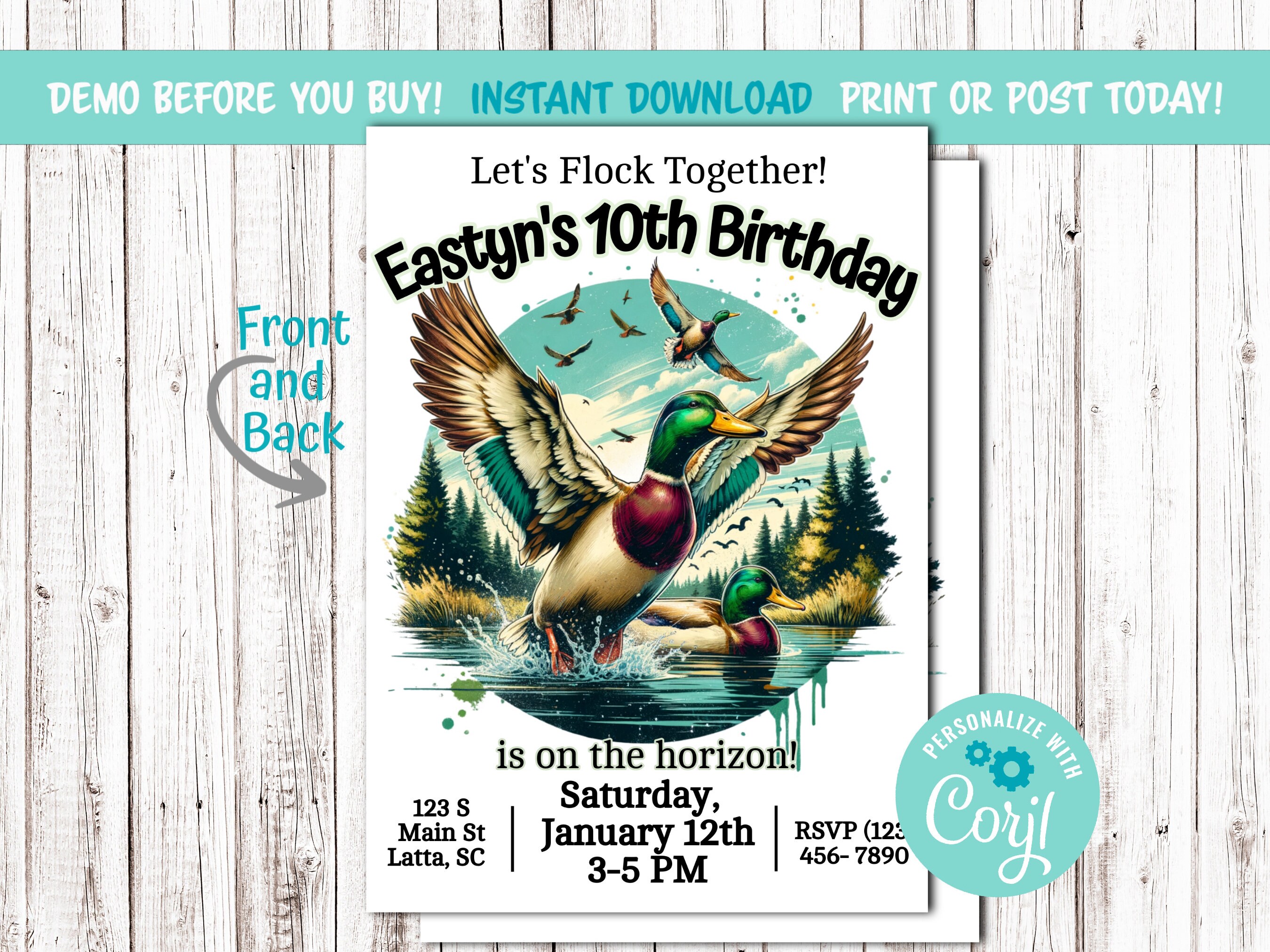 Duck Hunter Birthday Party Invitation, Editable, 5x7 Inch, Outdoorsmen ...