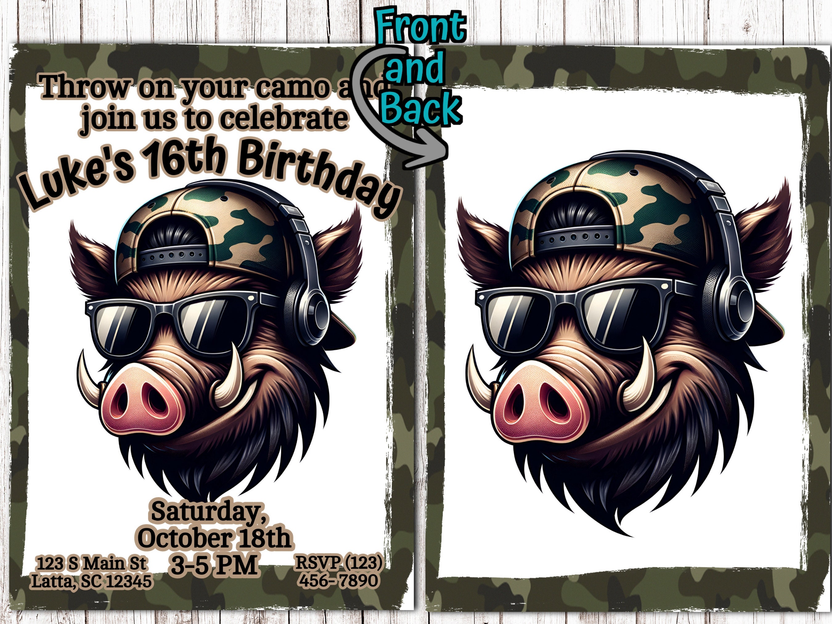 Hog Hunter Birthday Invitation: Camo Outdoorsmen Party (5x7 In, Digital ...