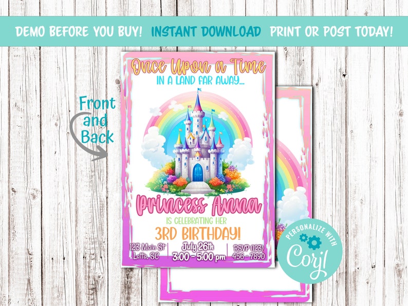 Castle Magical Day Birthday Party Invitation, 5x7, Pastel Rainbow ...