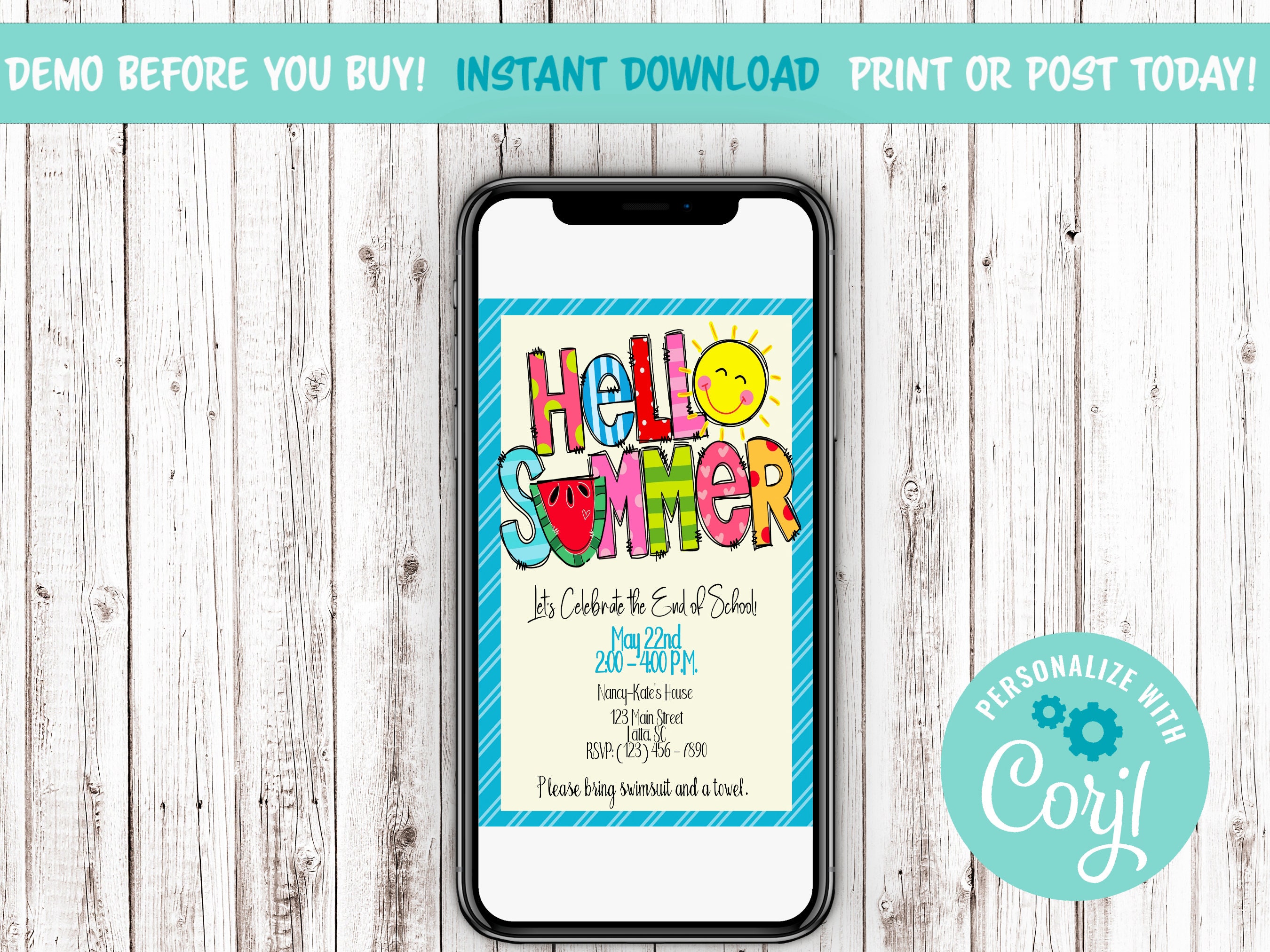 Hello Summer Editable Digital Invitation. End of Year Party. 5 X 7 Inch ...