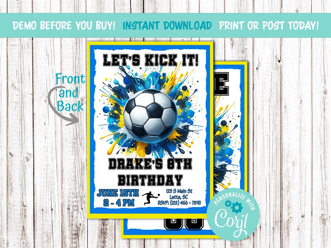 Soccer Birthday Party Invitation, Editable Printable Invite Soccer ...