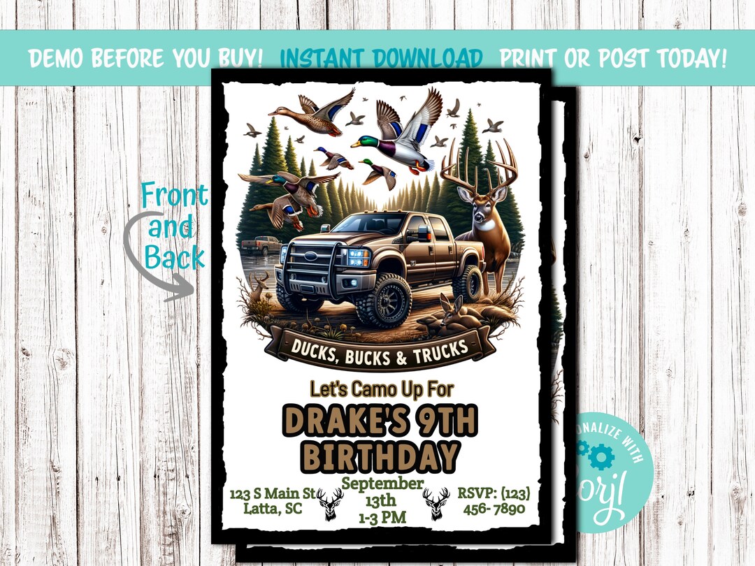 Ducks, Bucks, and Trucks Birthday Party Invitation, 5x7, Editable Boy ...