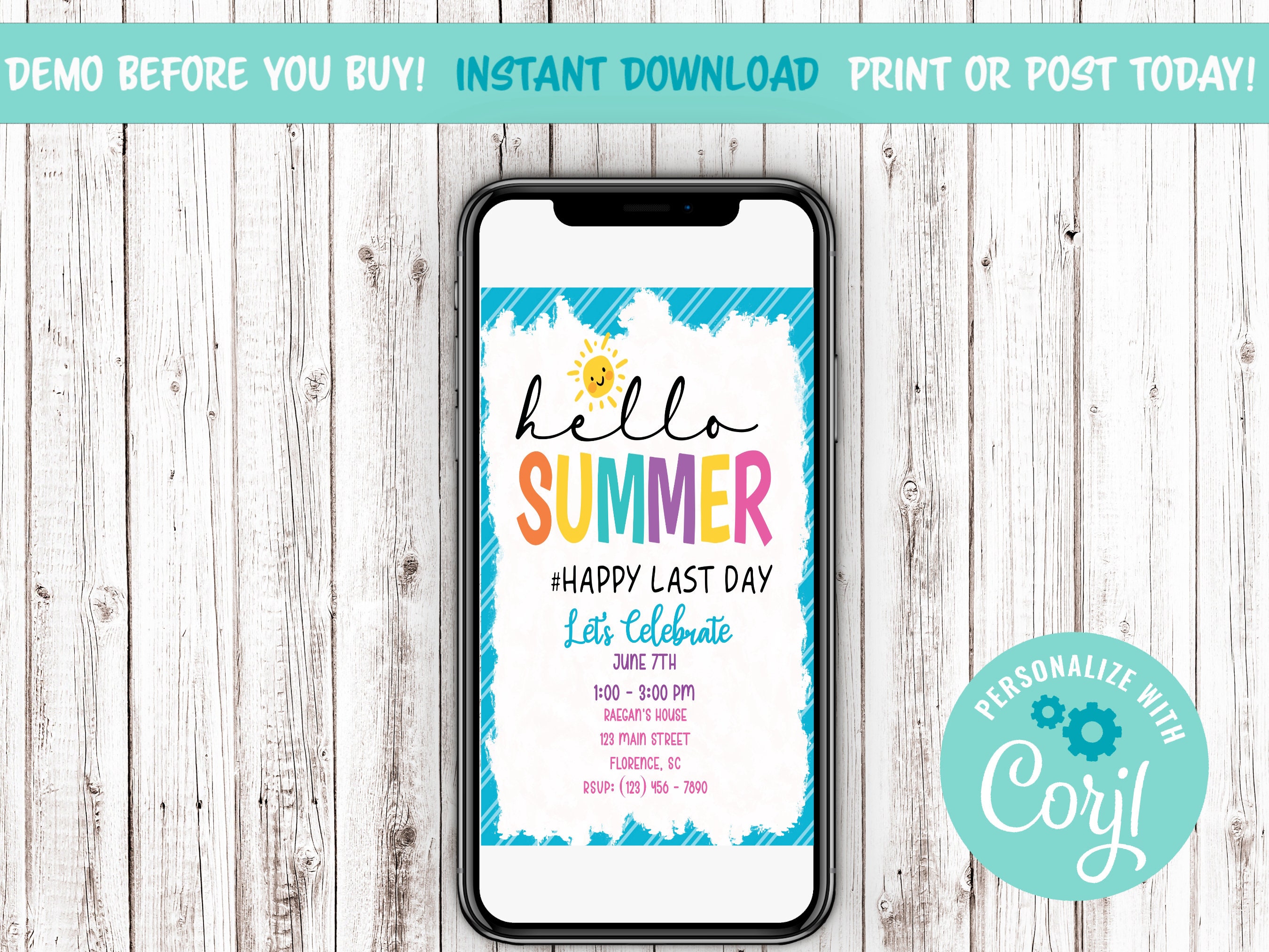 Hello Summer Editable Printable Digital Invitation End of School Year ...