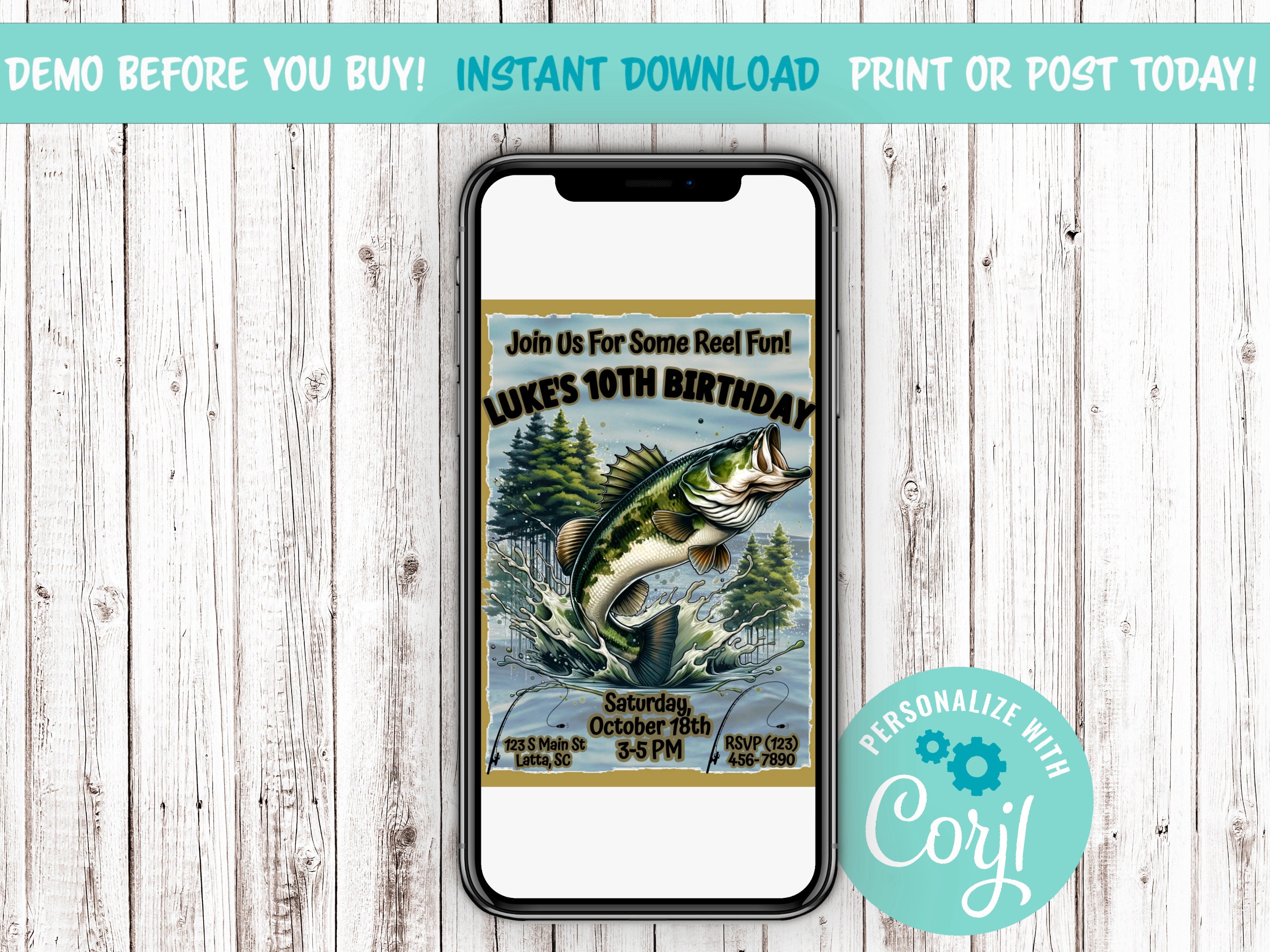 Bass Fishing Birthday Party Invitation, Printable, Editable Digital ...
