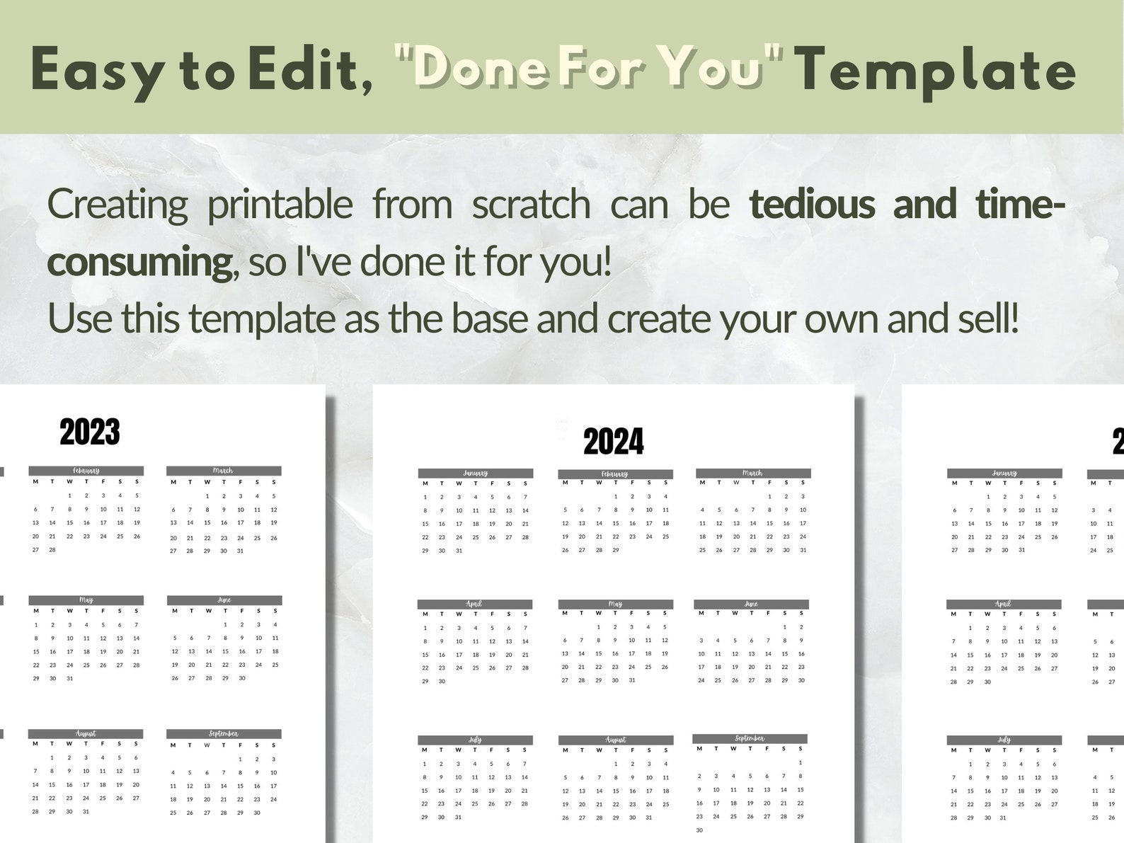 PLR Printable Template 2023 2024 2025 Calendar, Year at A Glance ...