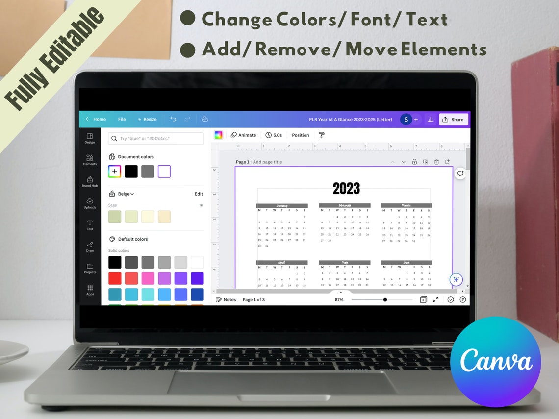 PLR Printable Template 2023 2024 2025 Calendar, Year at A Glance ...