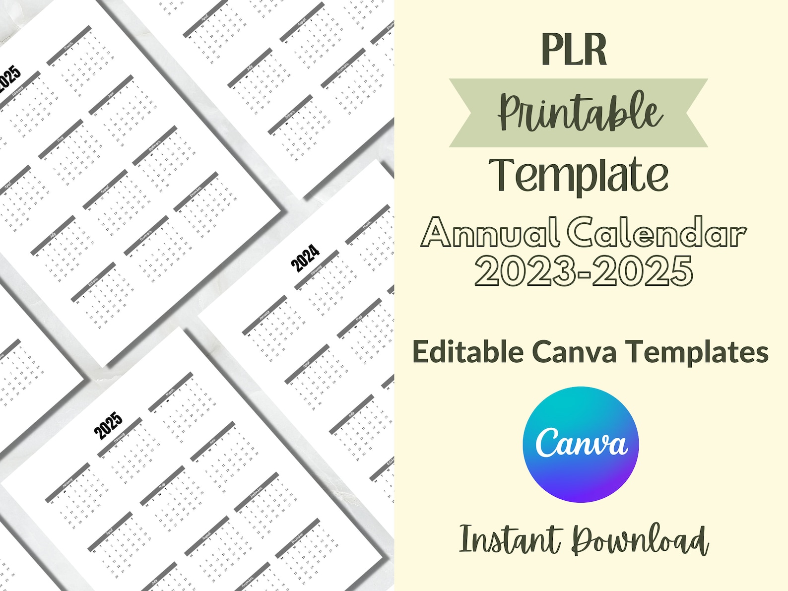 PLR Printable Template 2023 2024 2025 Calendar, Year at A Glance ...