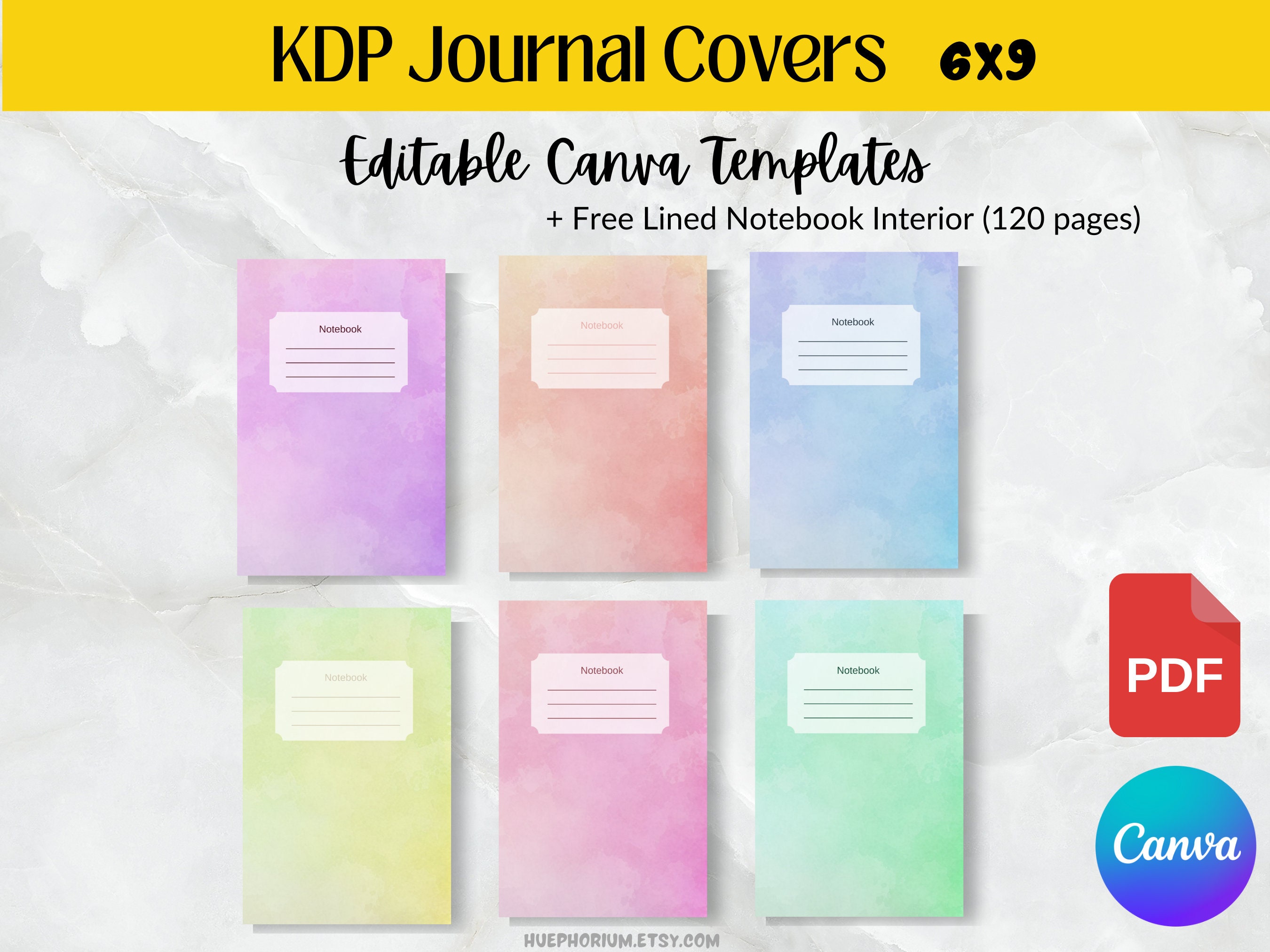 KDP Journal Covers Template 6x9 | Pastel Grunge Gradient 6 Colors ...