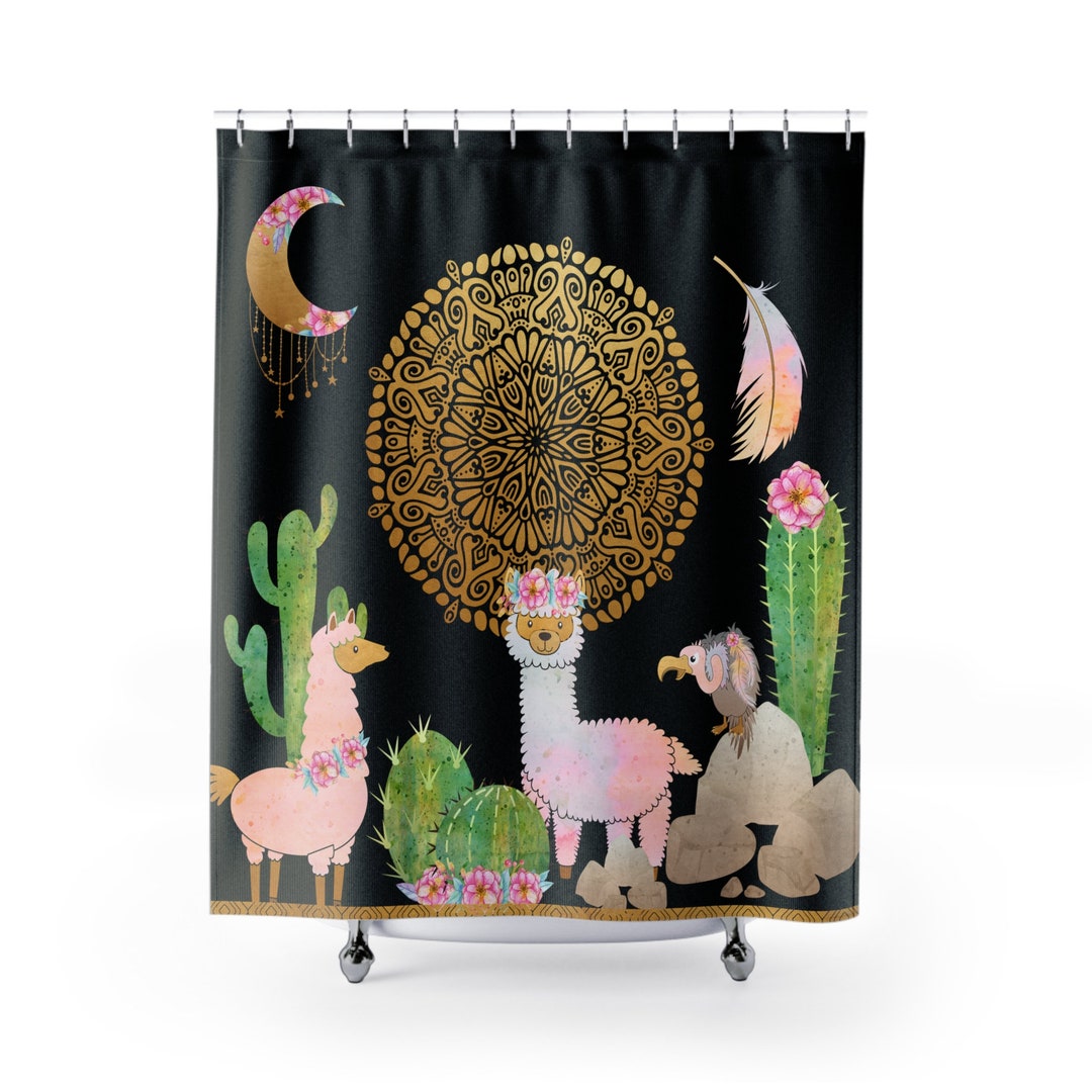 Enchanted Boho Black Shower Curtain With Catus and Llamas/free SHIPPING ...