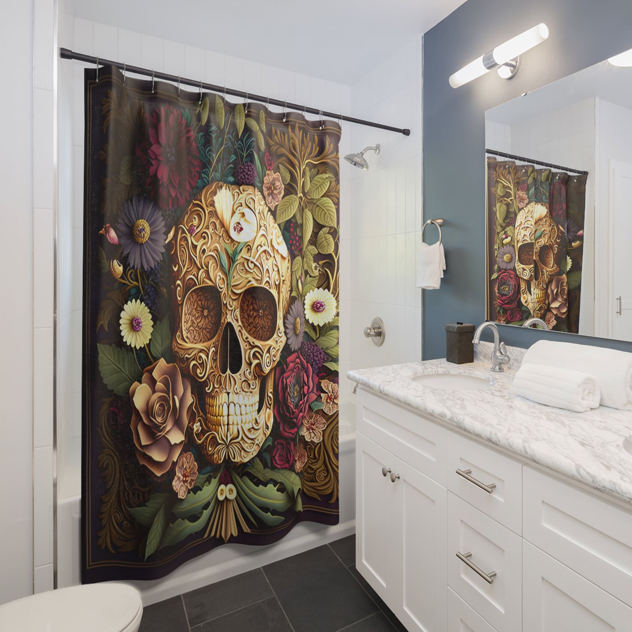 Skull Gothic Fabric Shower Curtain/3d Sugar Skull and Flowers/halloween ...