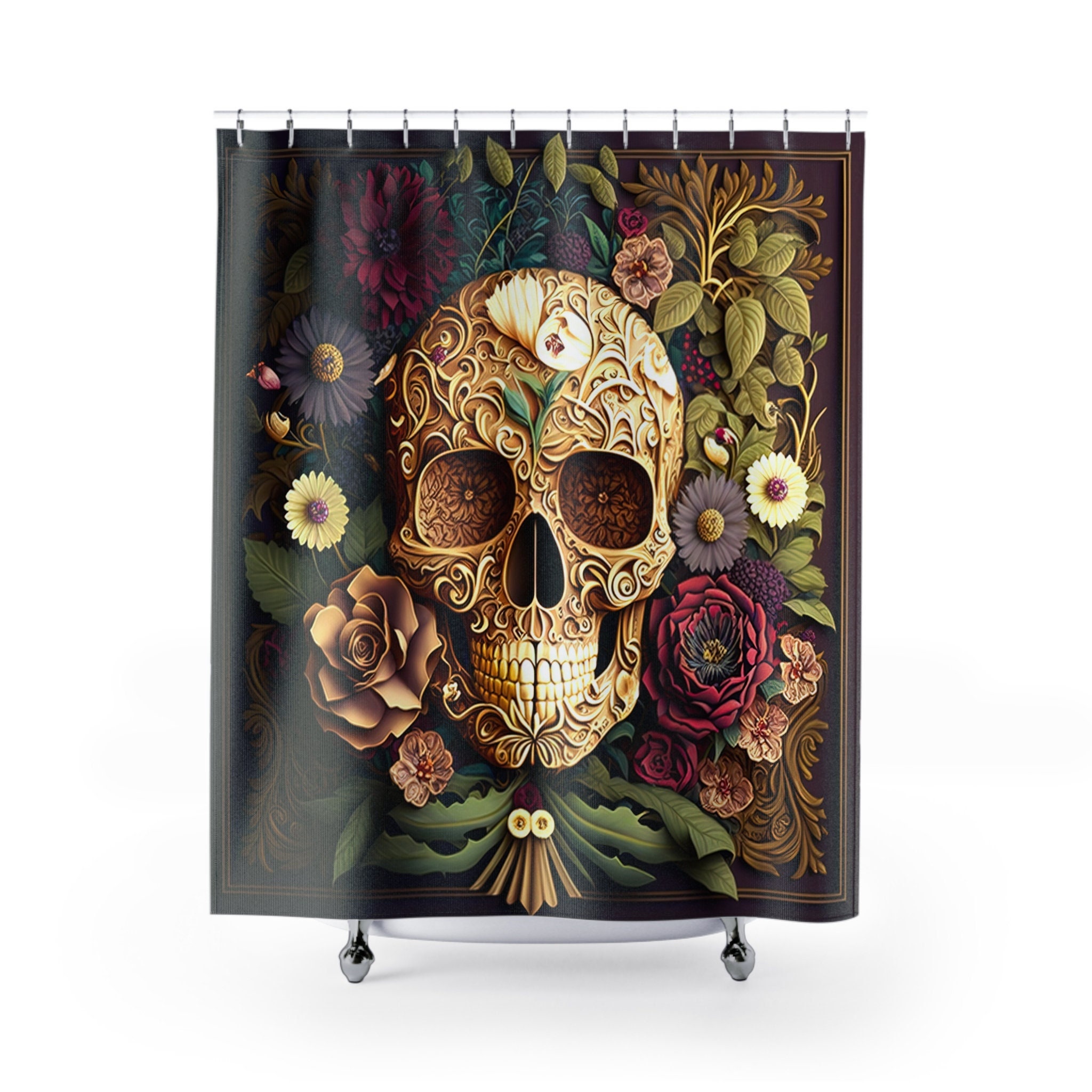 Skull Gothic Fabric Shower Curtain/3d Sugar Skull and Flowers/halloween ...
