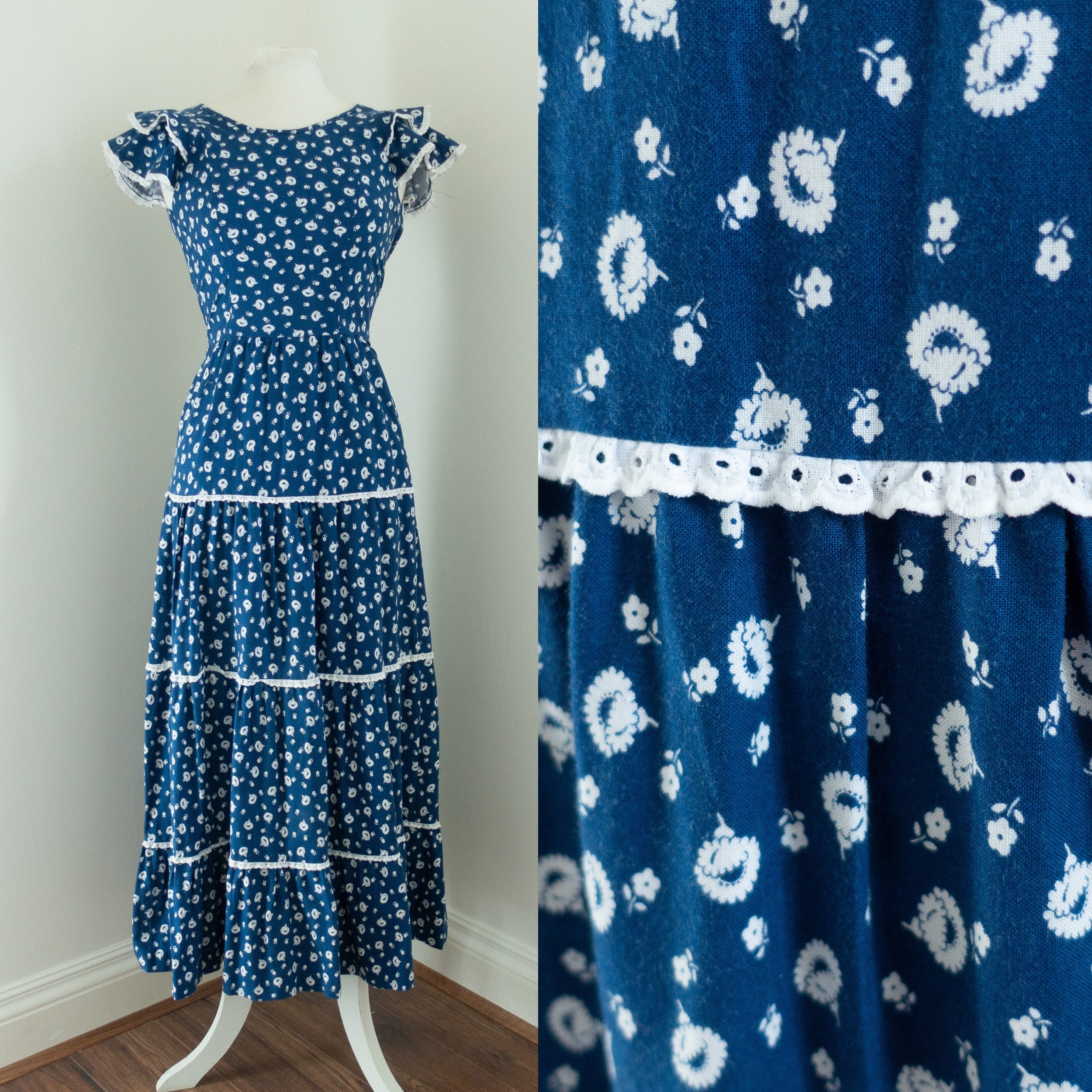 1970s Cottagecore Blue Floral Maxi Dress - Etsy