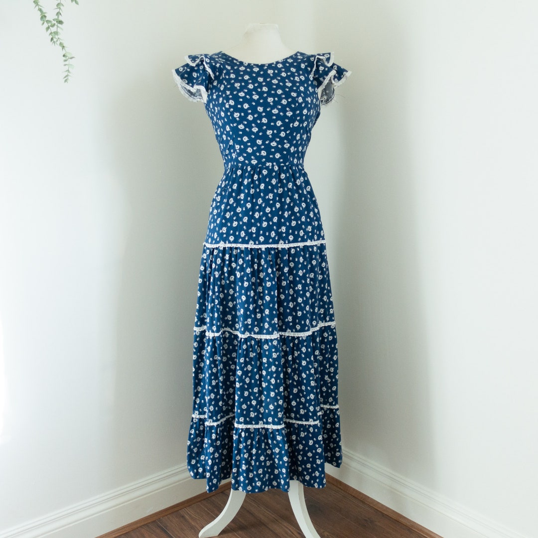 1970s Cottagecore Blue Floral Maxi Dress - Etsy