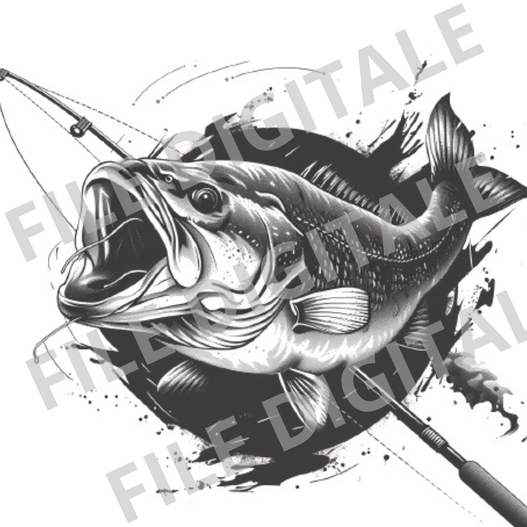 Logo Vector Drawing of a Bass Fish, With a Fishing Rod in Its Mouth ...