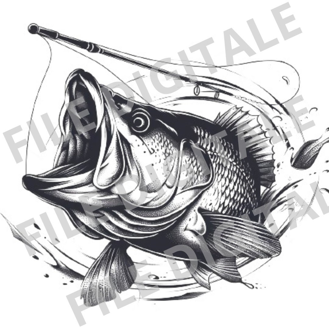 Logo Vector Drawing of a Bass Fish, With a Fishing Rod in Its Mouth ...
