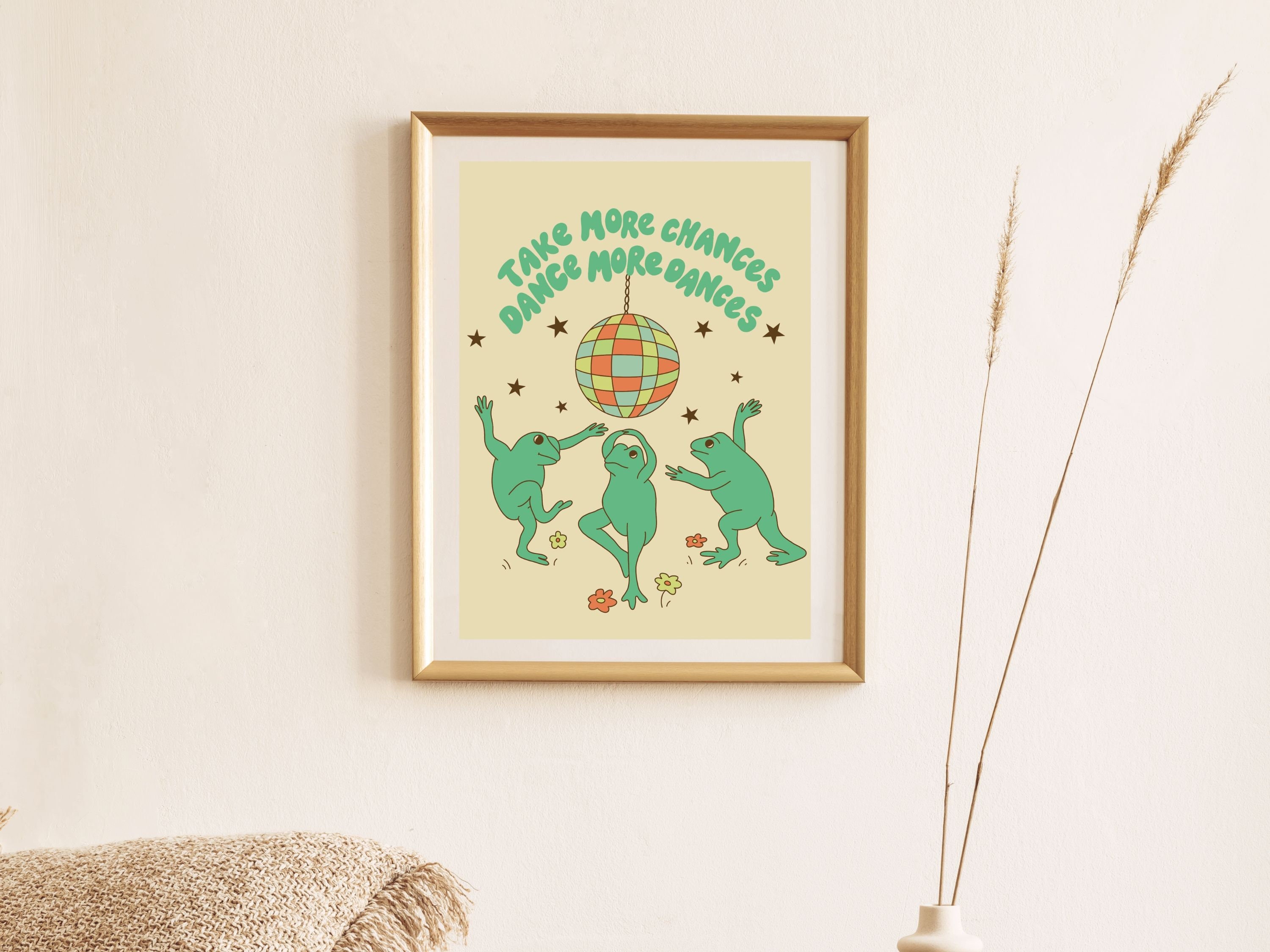 Dancing Frogs, Cottagecore Print, Cute Frog Art, Retro Wall Art, 70s ...